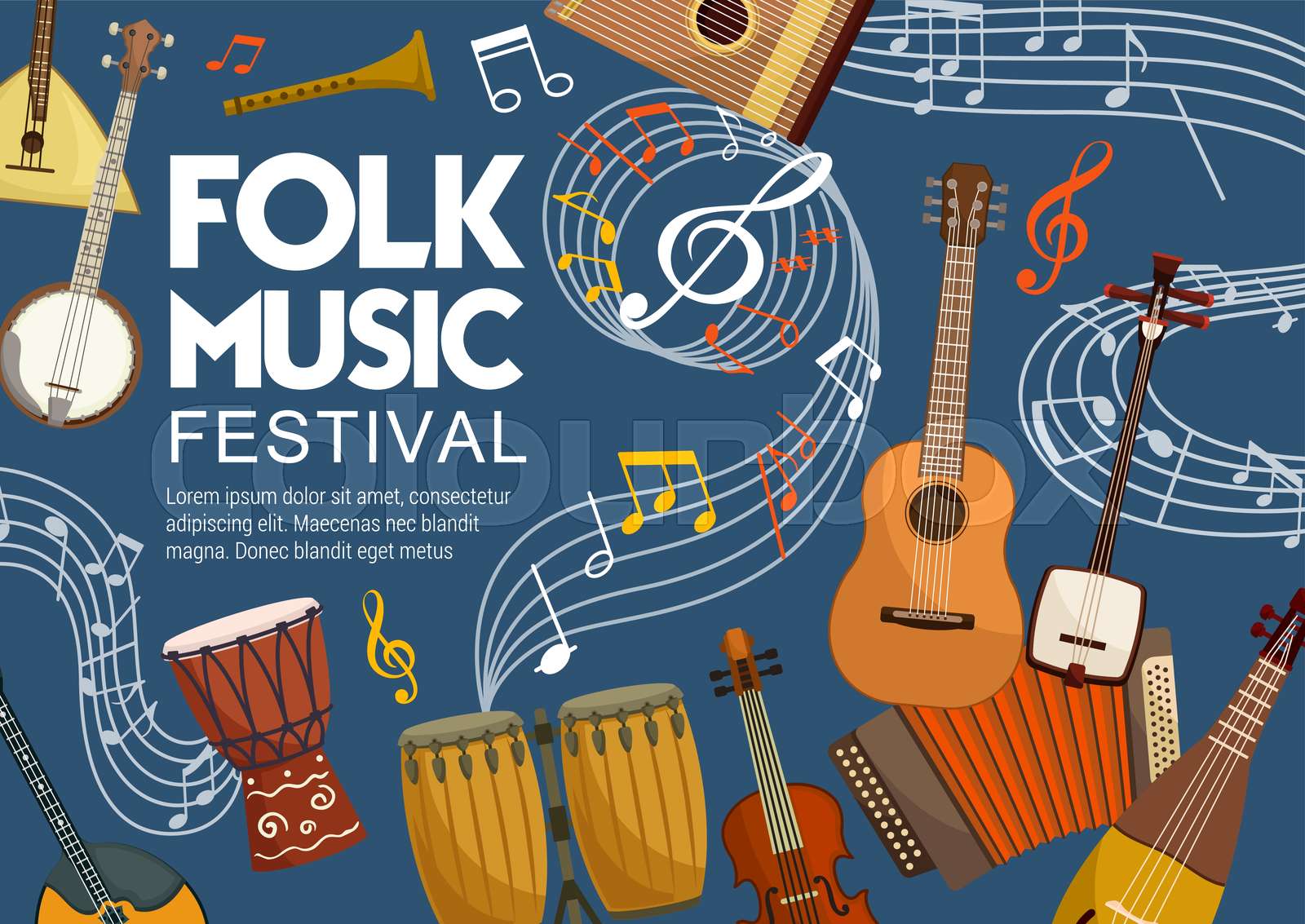 Folk music festival, musical notes and instruments | Stock vector ...