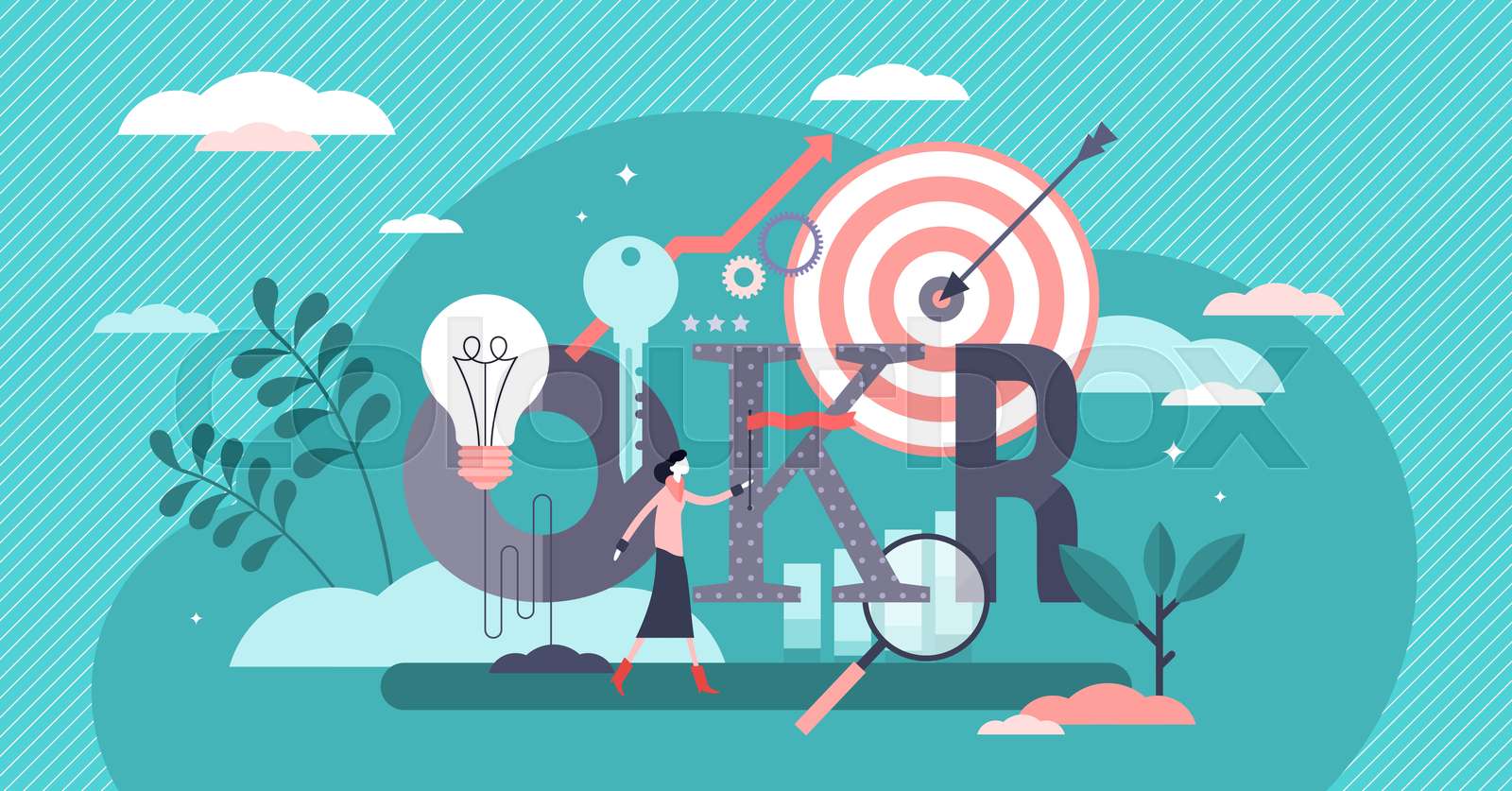 OKR vector illustration. Flat tiny Objectives key results persons ...