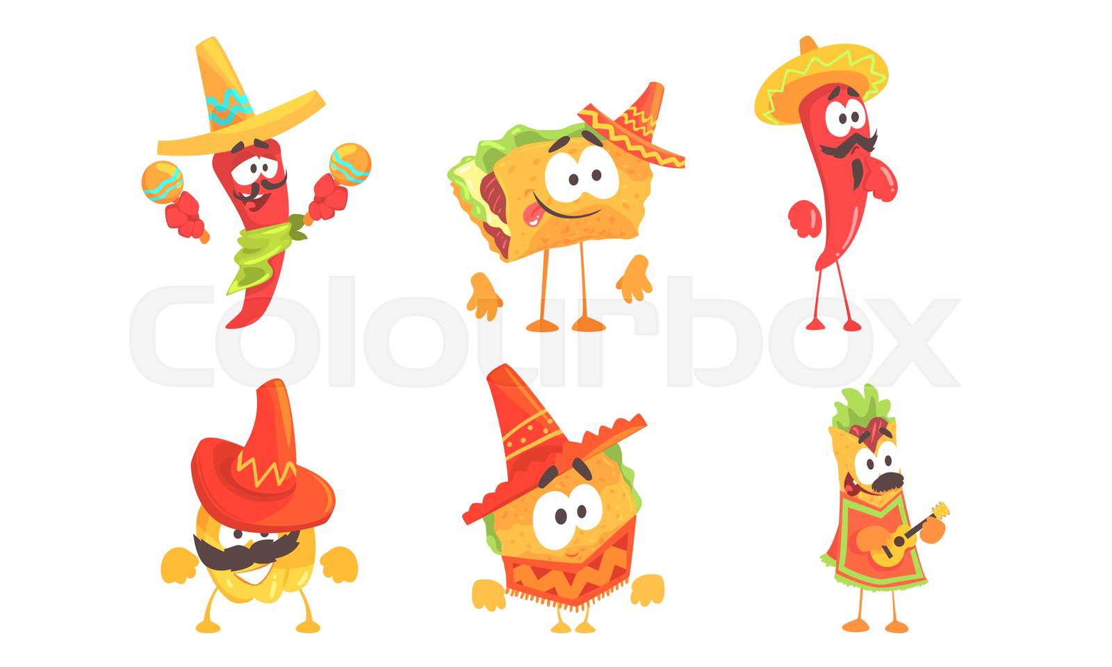 Cartoon humanized traditional mexican food. Set of vector illustrations ...