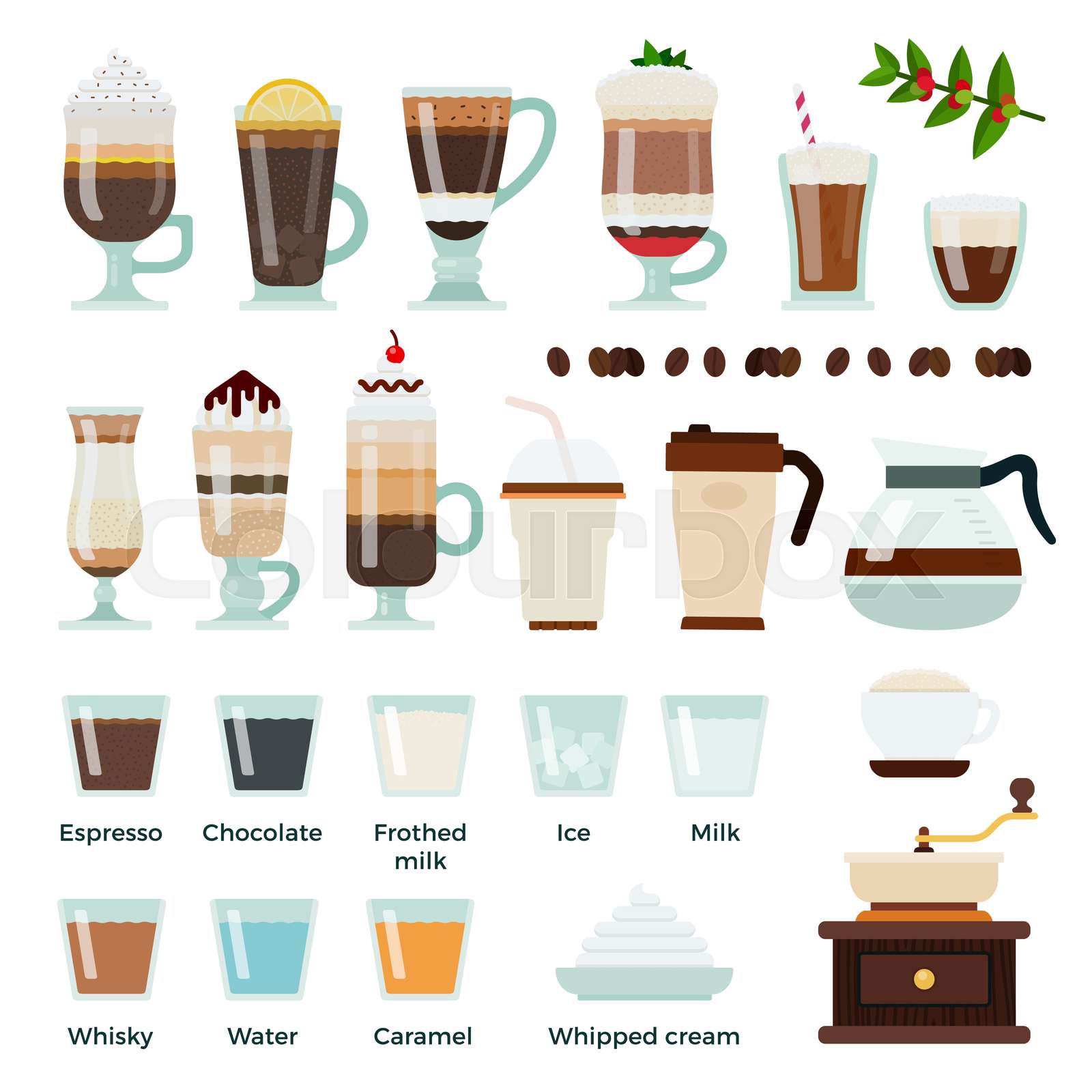 Set of Coffee and ingredients icons flat vector | Stock vector | Colourbox