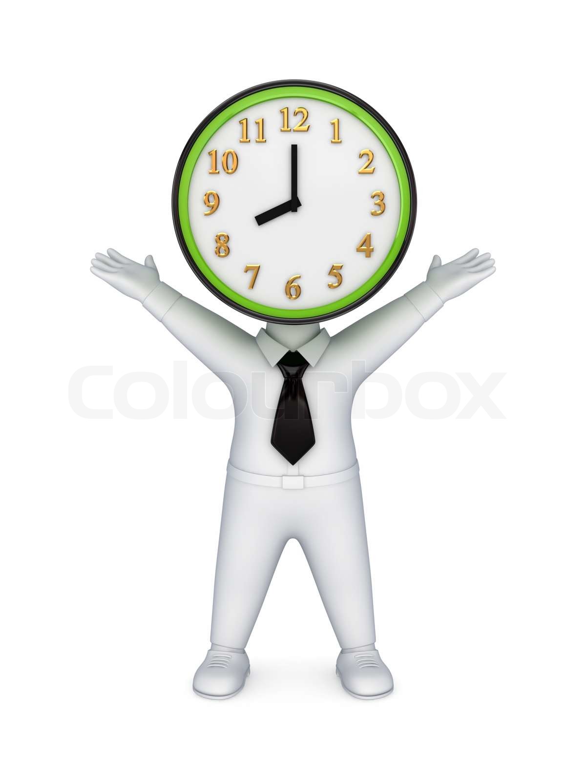 3d small person with a clock instead the head | Stock image | Colourbox