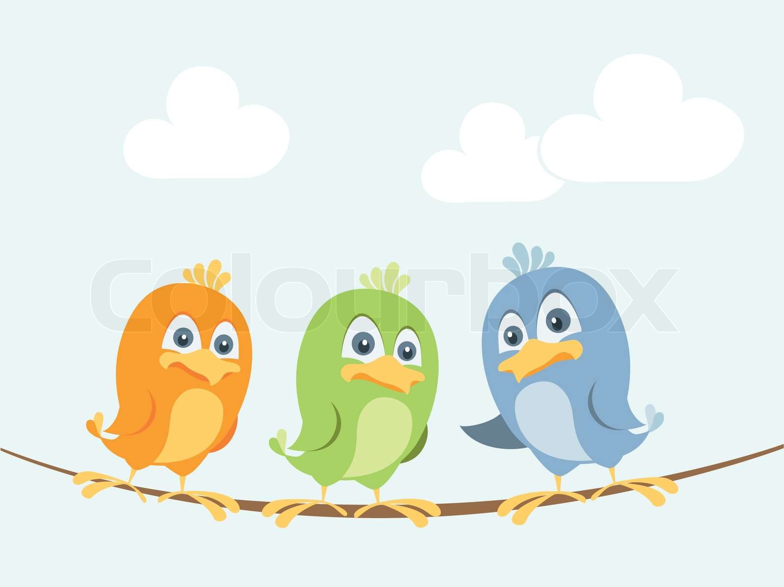 Colorful cartoon birds chatting on a wire | Stock vector | Colourbox