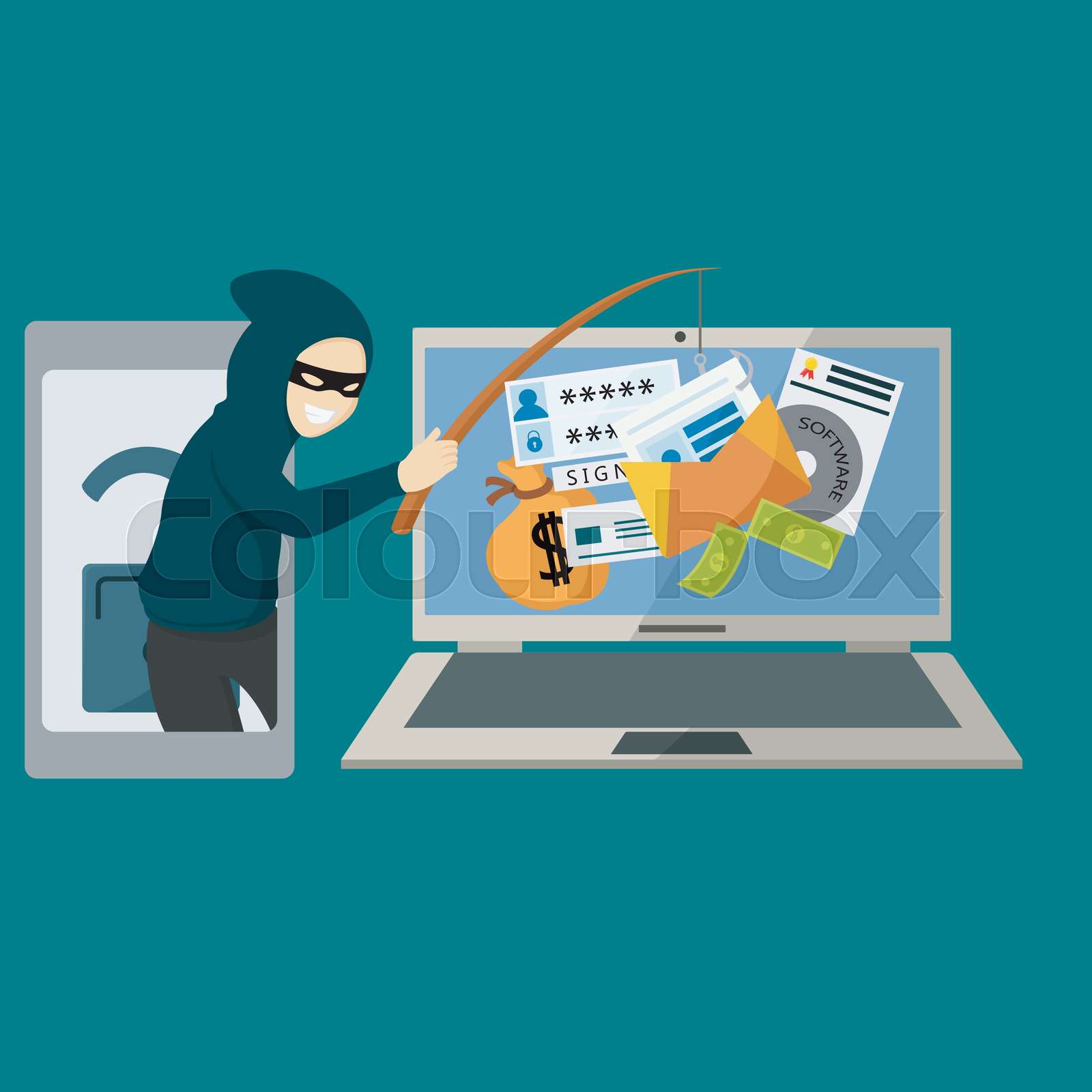 Hacker sitting at table and hacking data through Internet on laptop ...