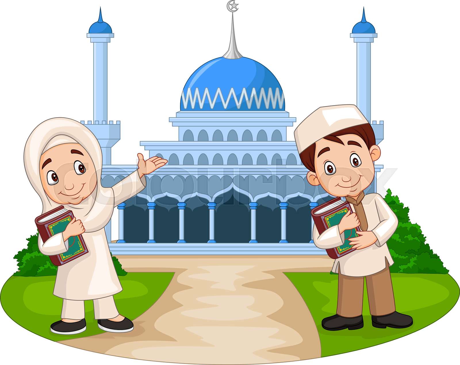 Happy cartoon Muslim kids in front of mosque | Stock vector | Colourbox
