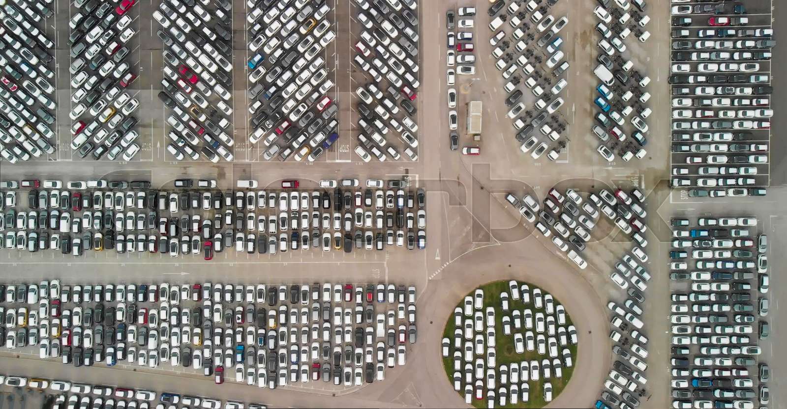 Overhead aerial view photo vehicle lot showing new produced cars by ...