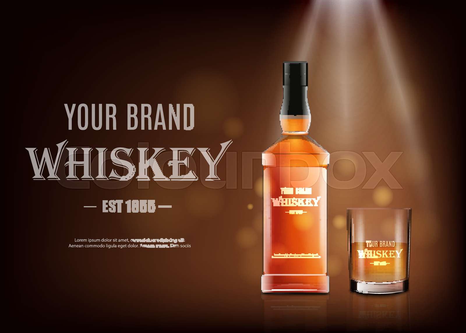Banner template with whiskey bottle and glass, realistic vector ...