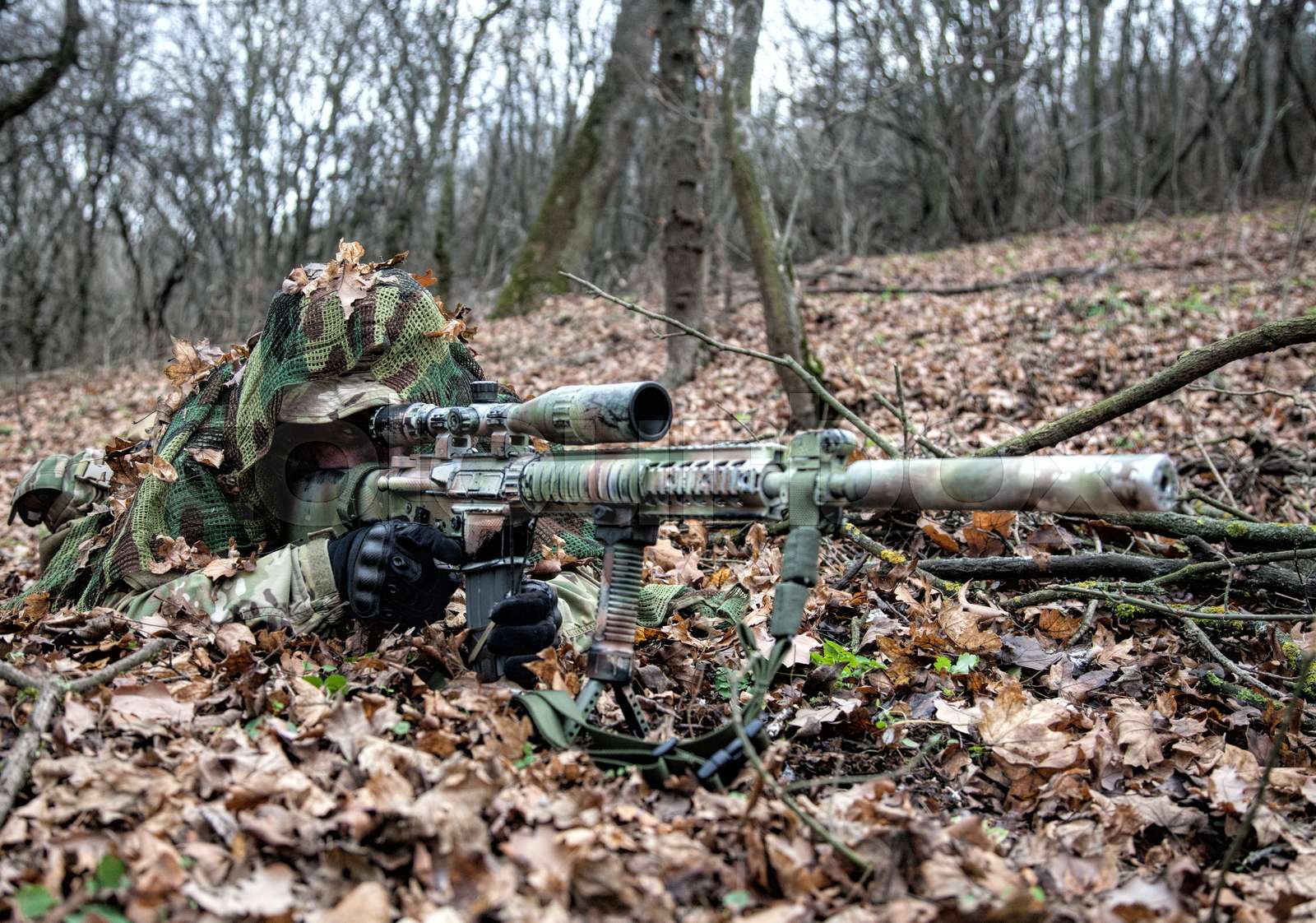 Army sniper hiding on ground in forest leaves - Stock Image - Everypixel