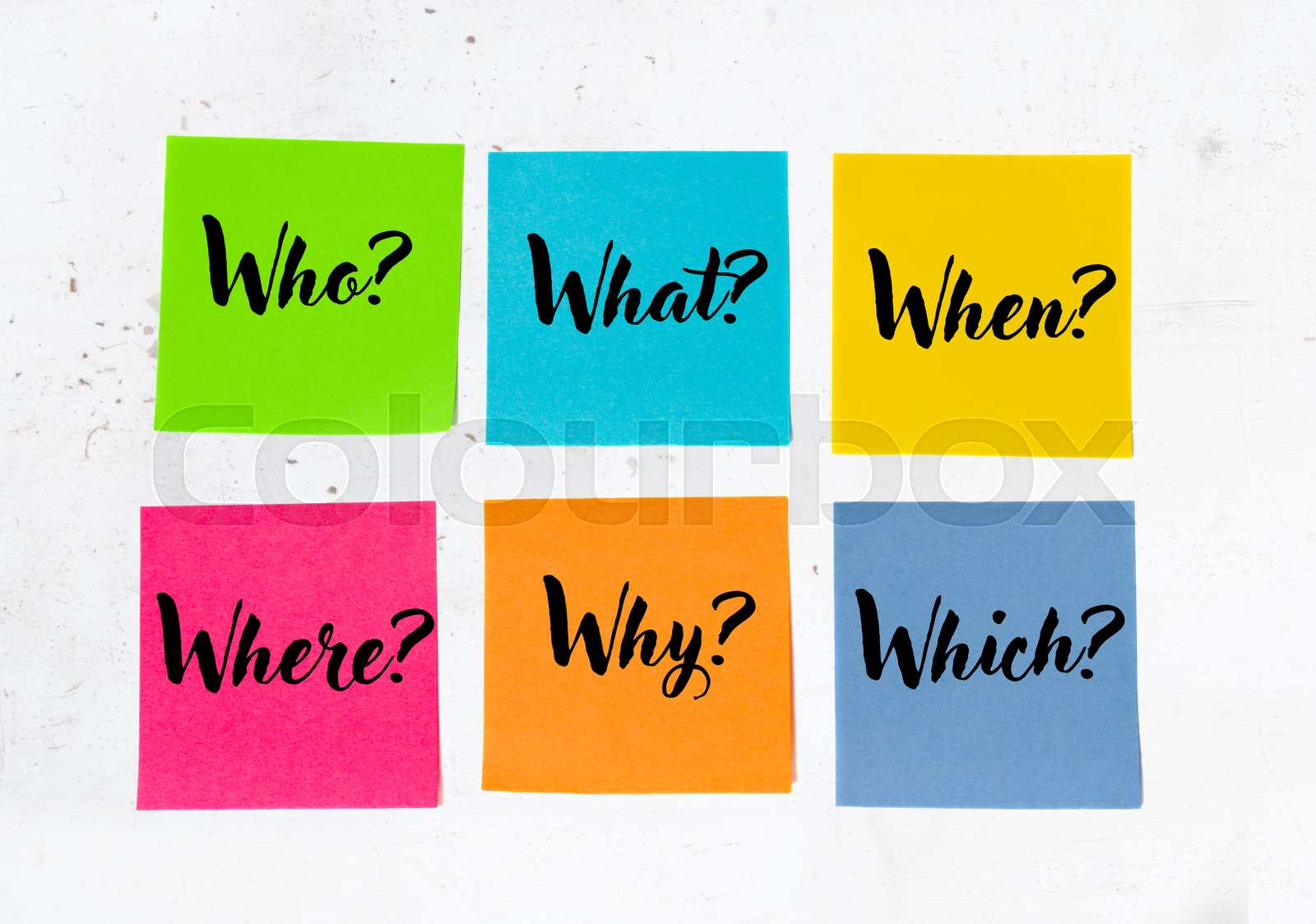 The 6 Ws who, what, when, where, why, which questions | Stock image ...