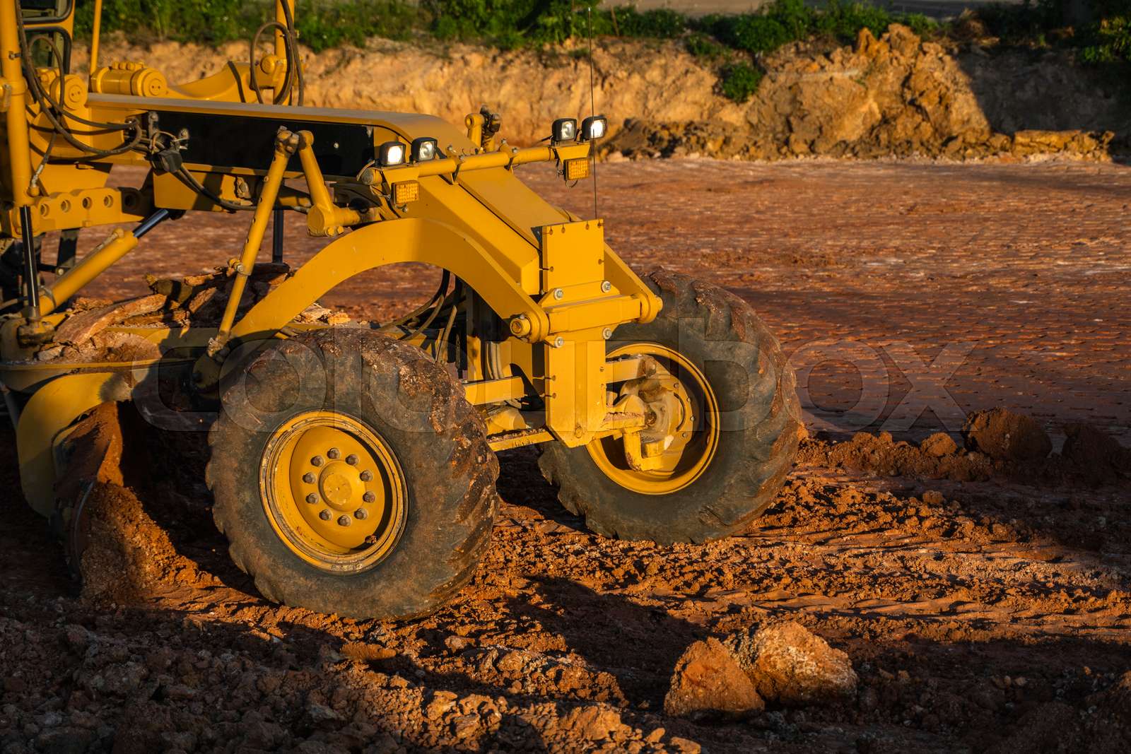 Grader is working on road construction. Grader industrial machine on ...