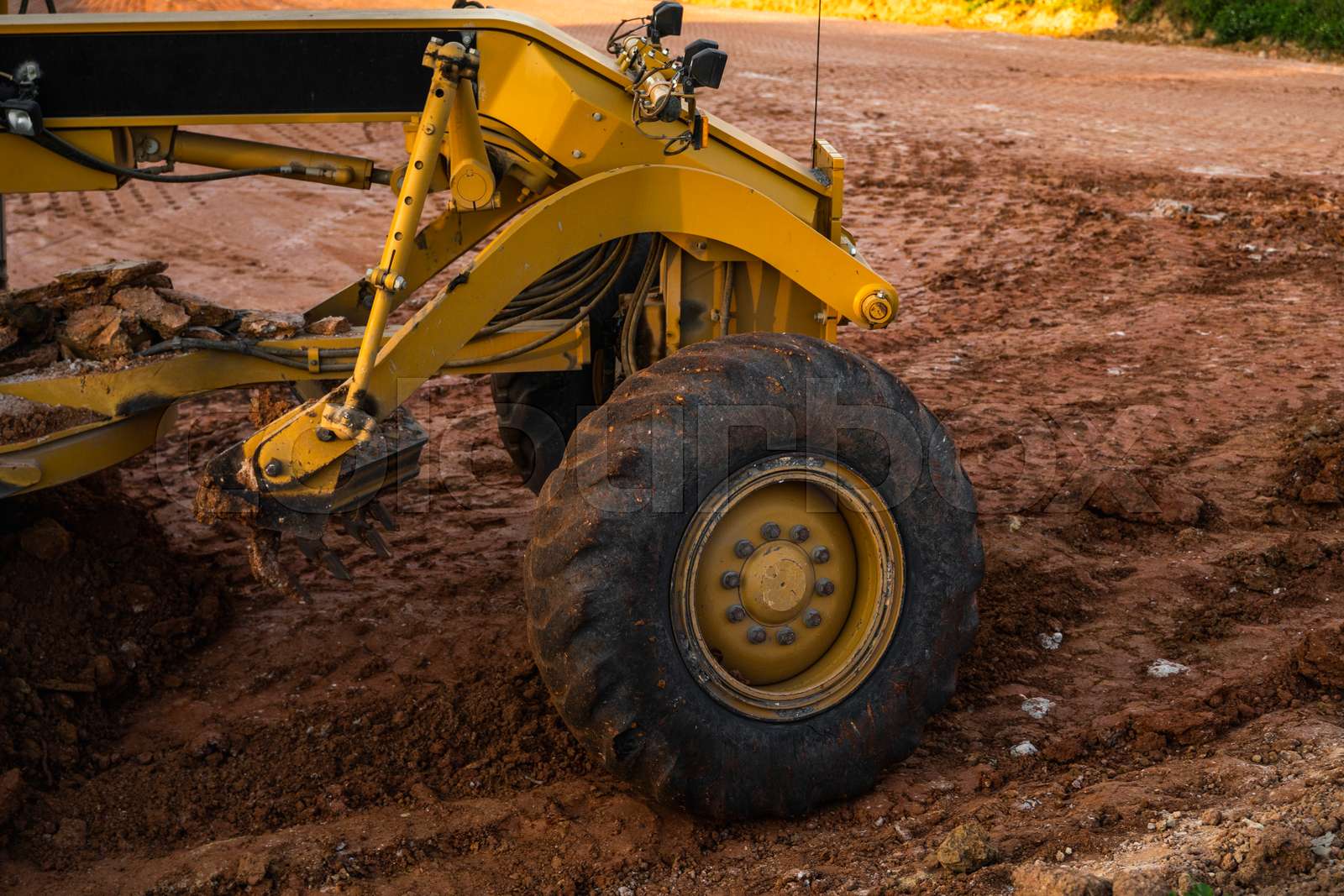 Grader is working on road construction. Grader industrial machine on ...