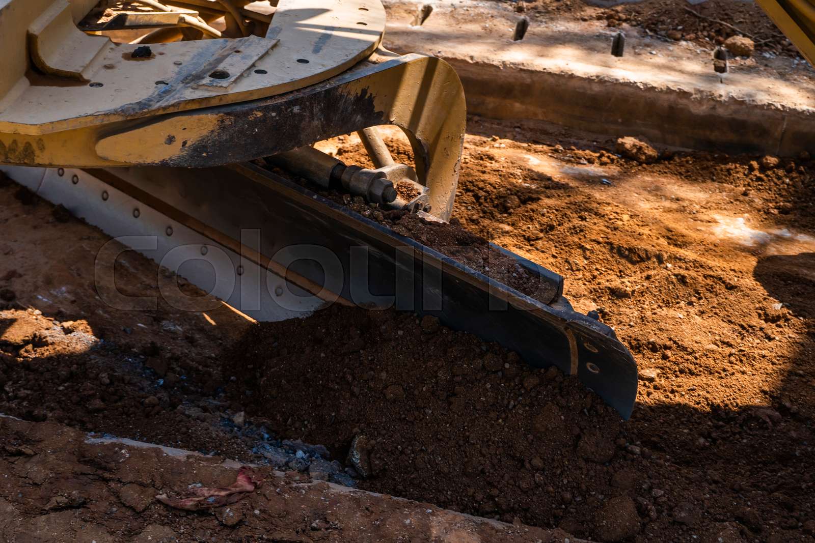 Details of grader is working on road construction. Grader industrial ...