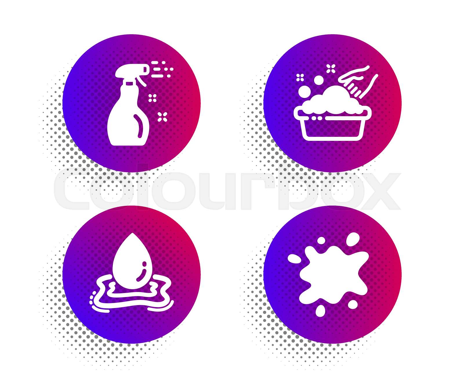 Cleaning spray, Water splash and Hand washing icons set. Dirty spot ...