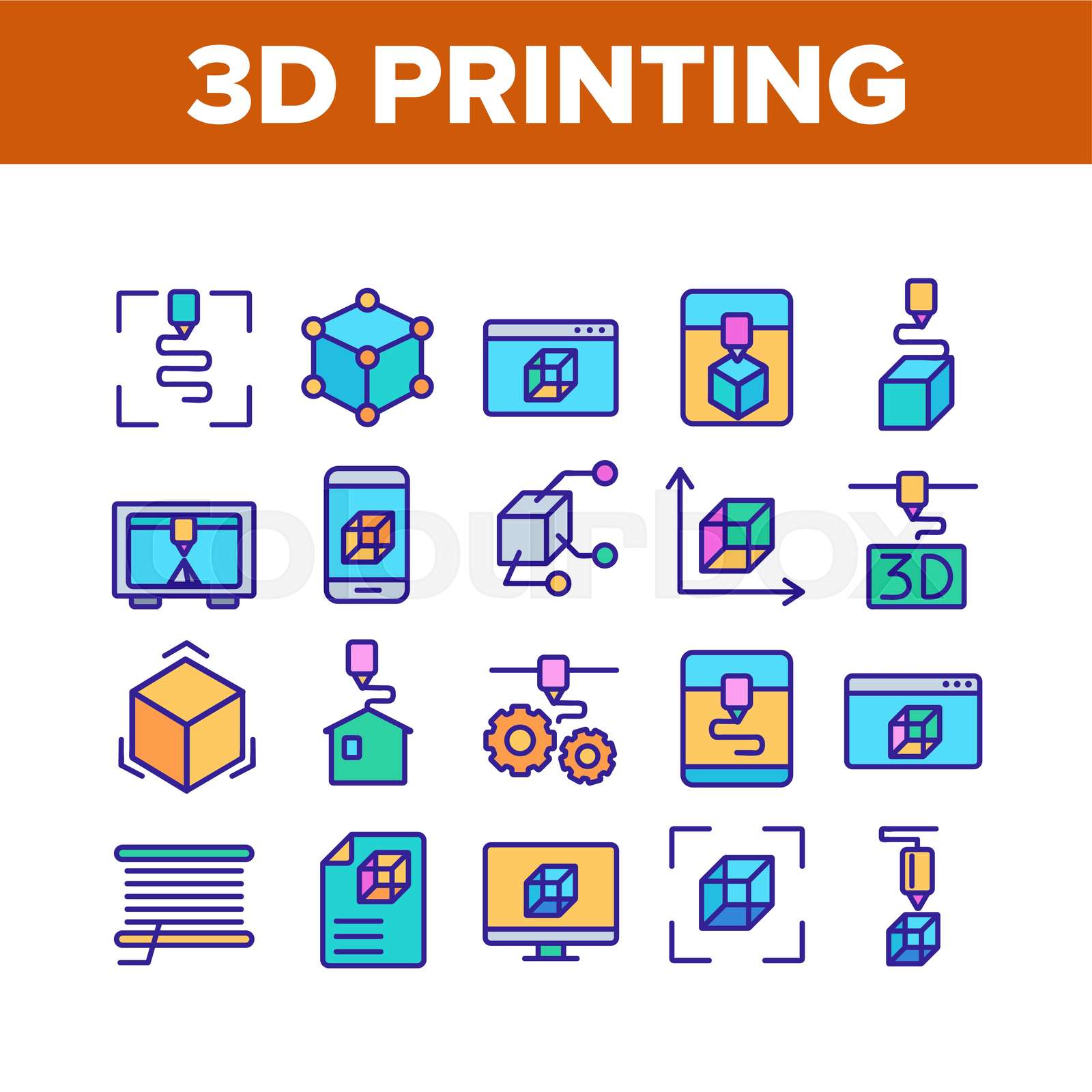 3d Printing Processing Collection Icons Set Vector | Stock vector ...