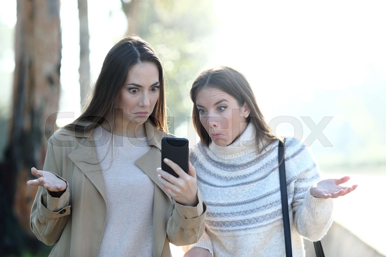 Perplexed women checking mobile phone content | Stock image | Colourbox