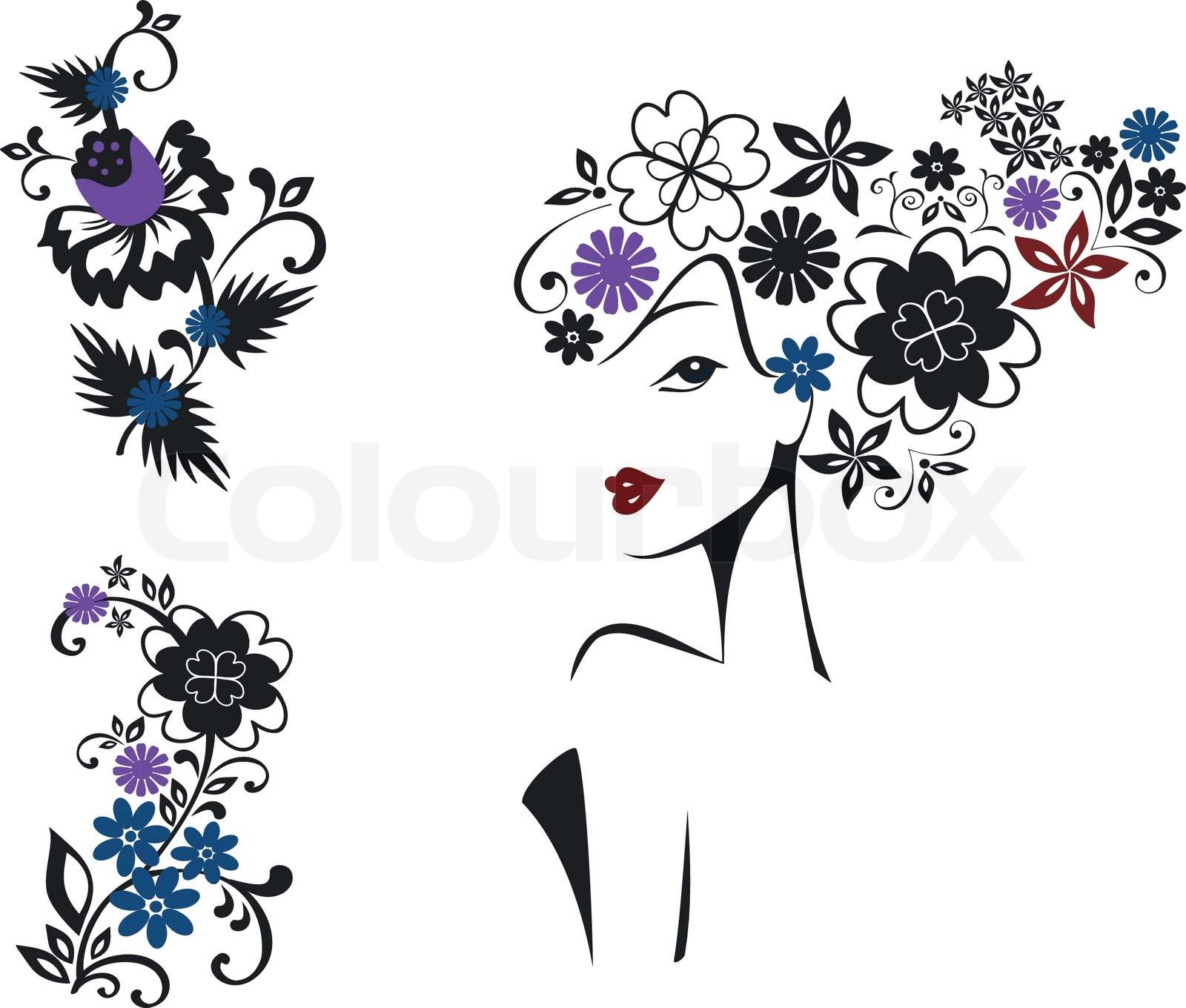 Elegant woman with flower head and floral pattern | Stock vector ...