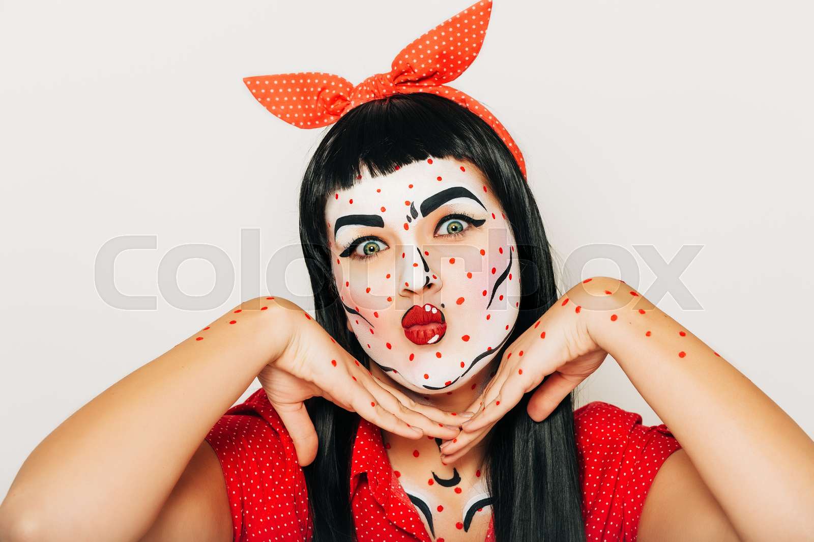 Pop art pin-up stylized studio portrait of young girl with face ...