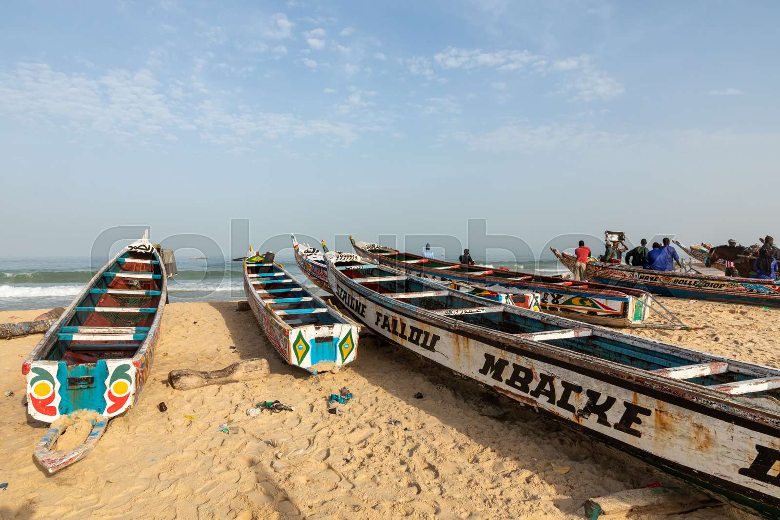 Traditional painted wooden fishing boat in Kayar, Senegal. West Africa ...