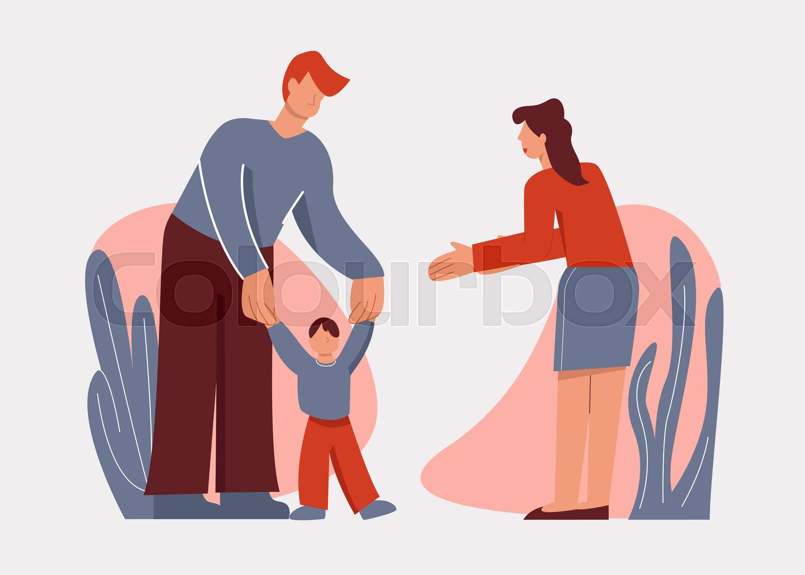 Caring cartoon parents helping learning little baby son walk outdoor ...