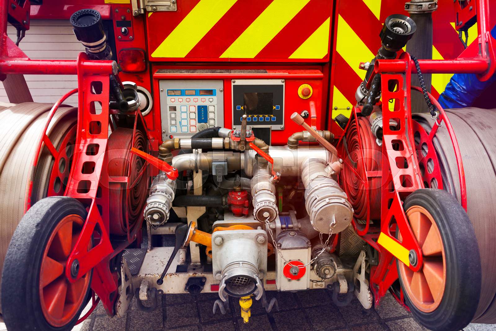 Fire track back with pump connectors close-up | Stock image | Colourbox