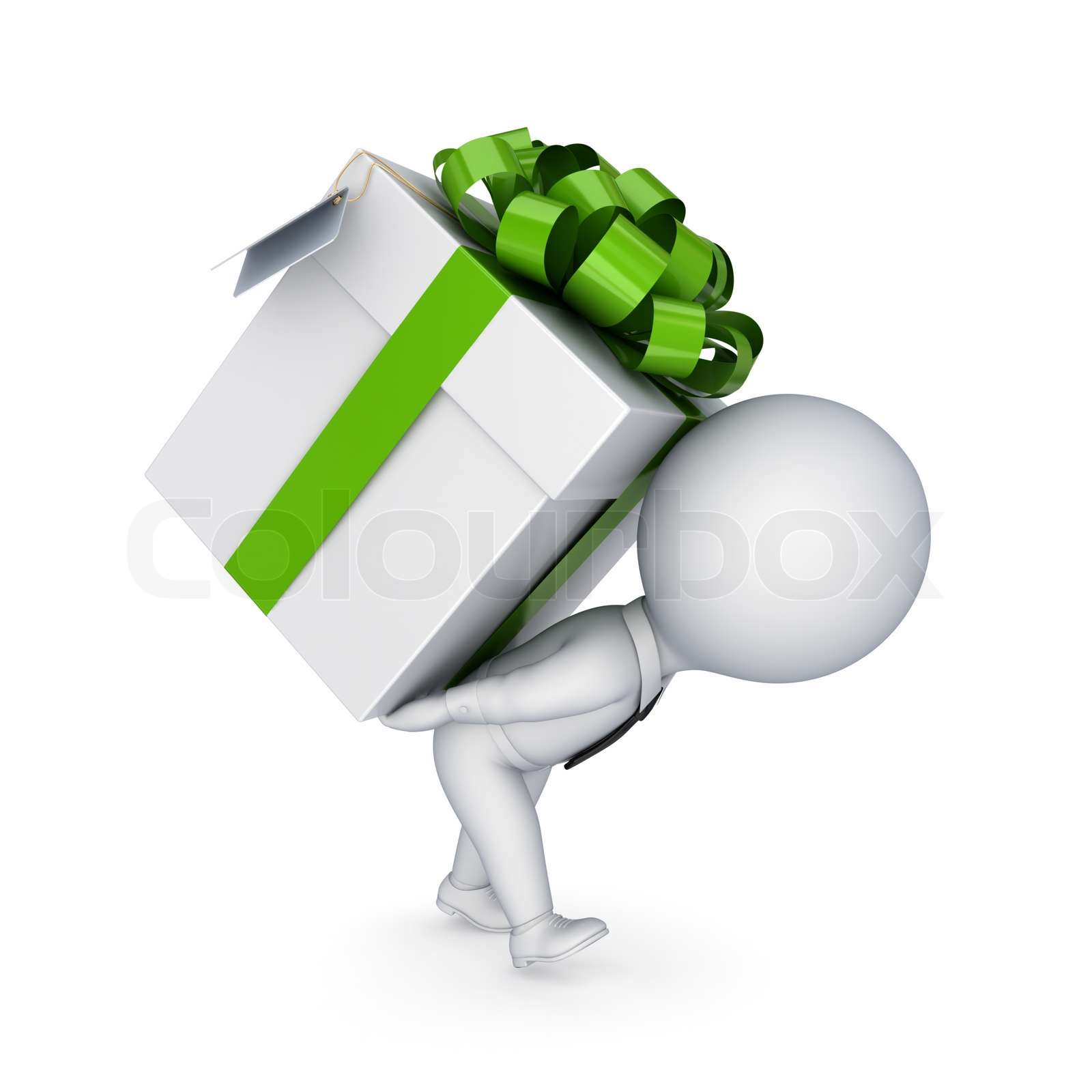3d small person pushing a gift box | Stock image | Colourbox