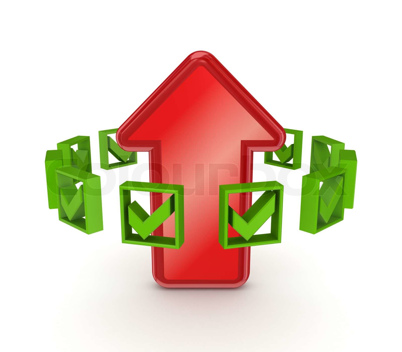 Green tick marks around red arrow | Stock image | Colourbox