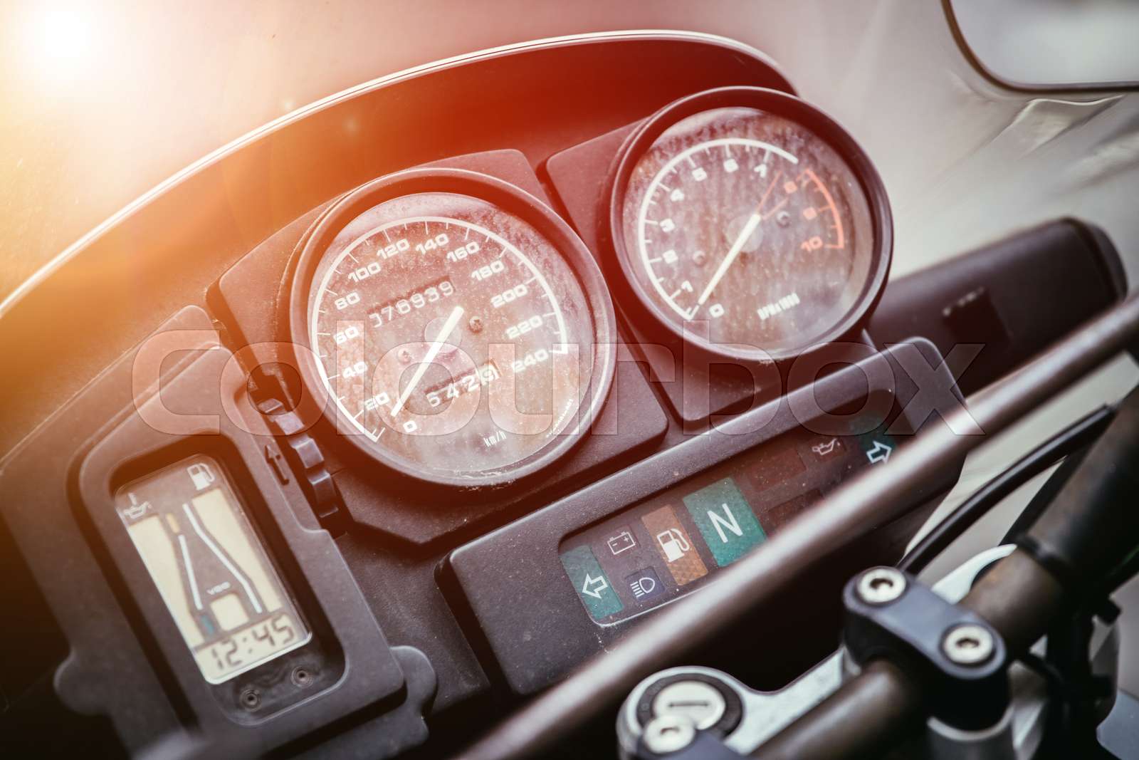 Classic motorbike control panel, close up picture, road trip concept ...
