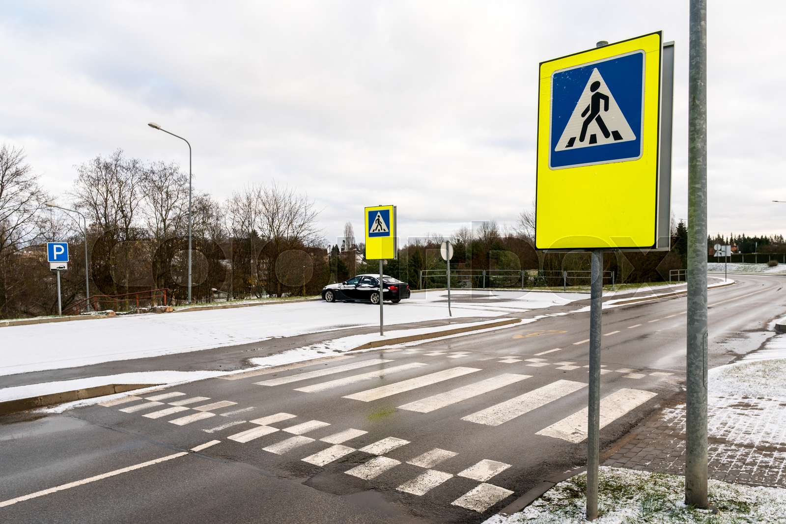 Crosswalk road signs and pedestrian crossing marking | Stock image ...