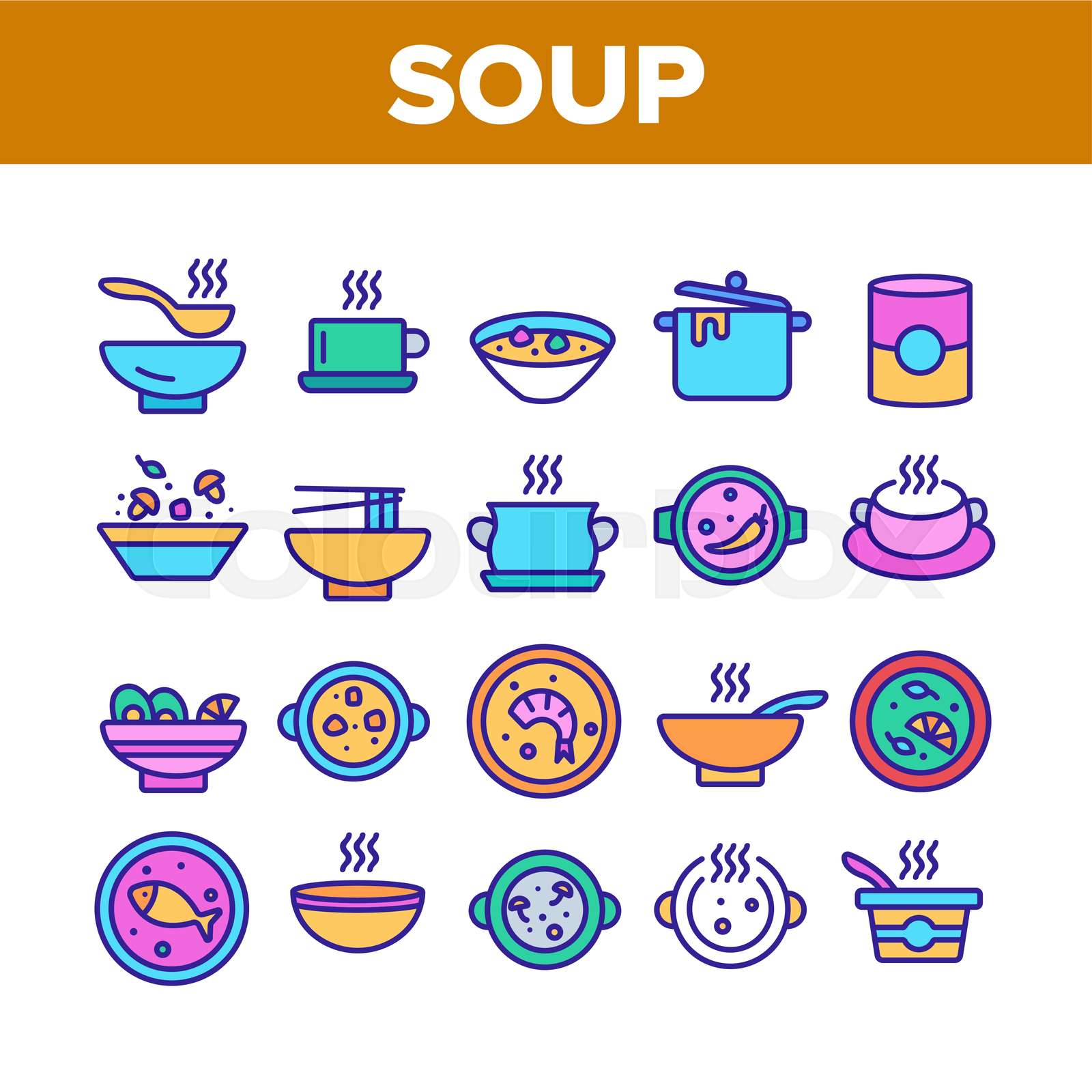 Soup Different Recipe Collection Icons Set Vector | Stock vector ...