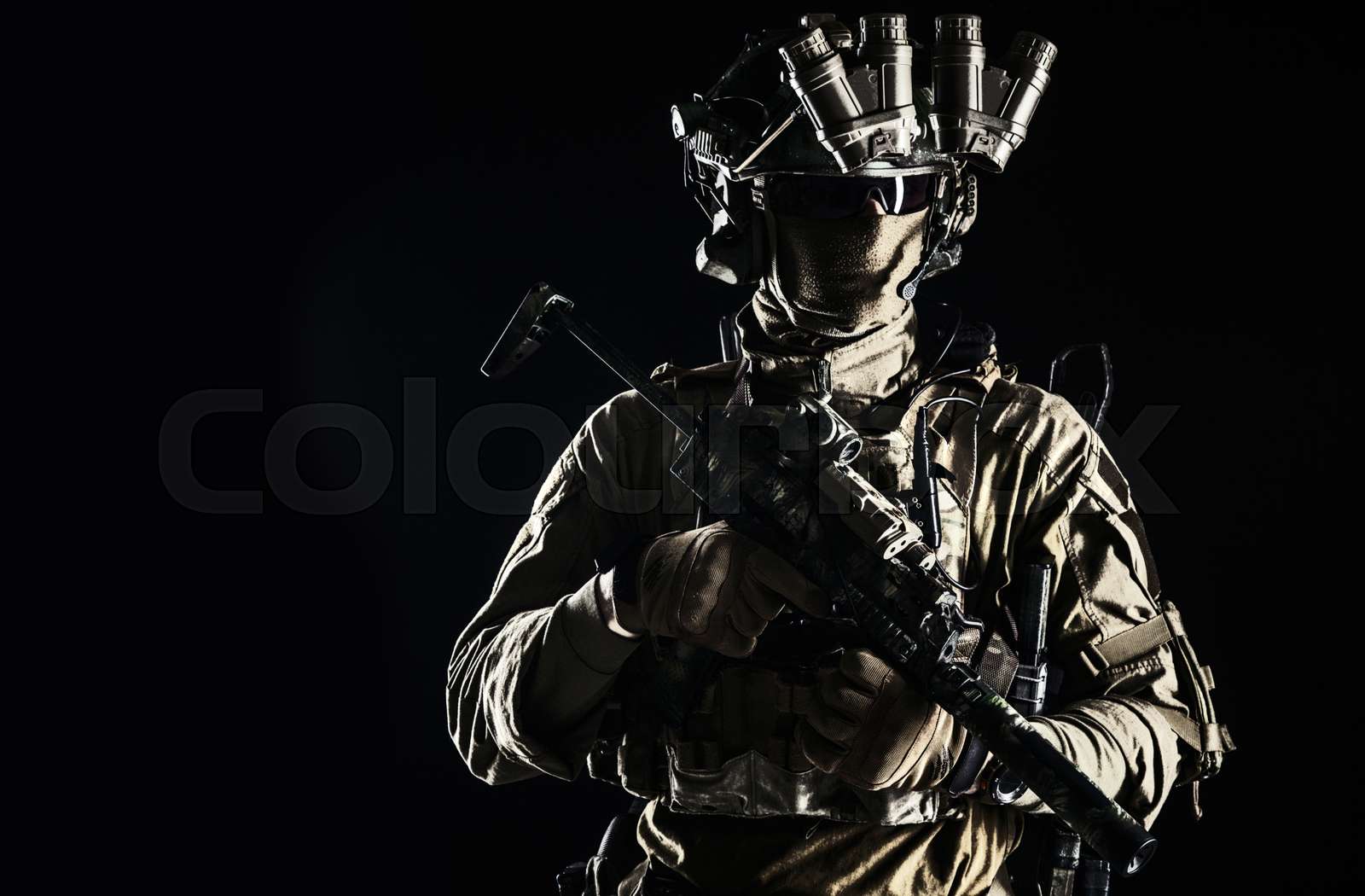 Military security service shooter soldier studio portrait | Stock image ...
