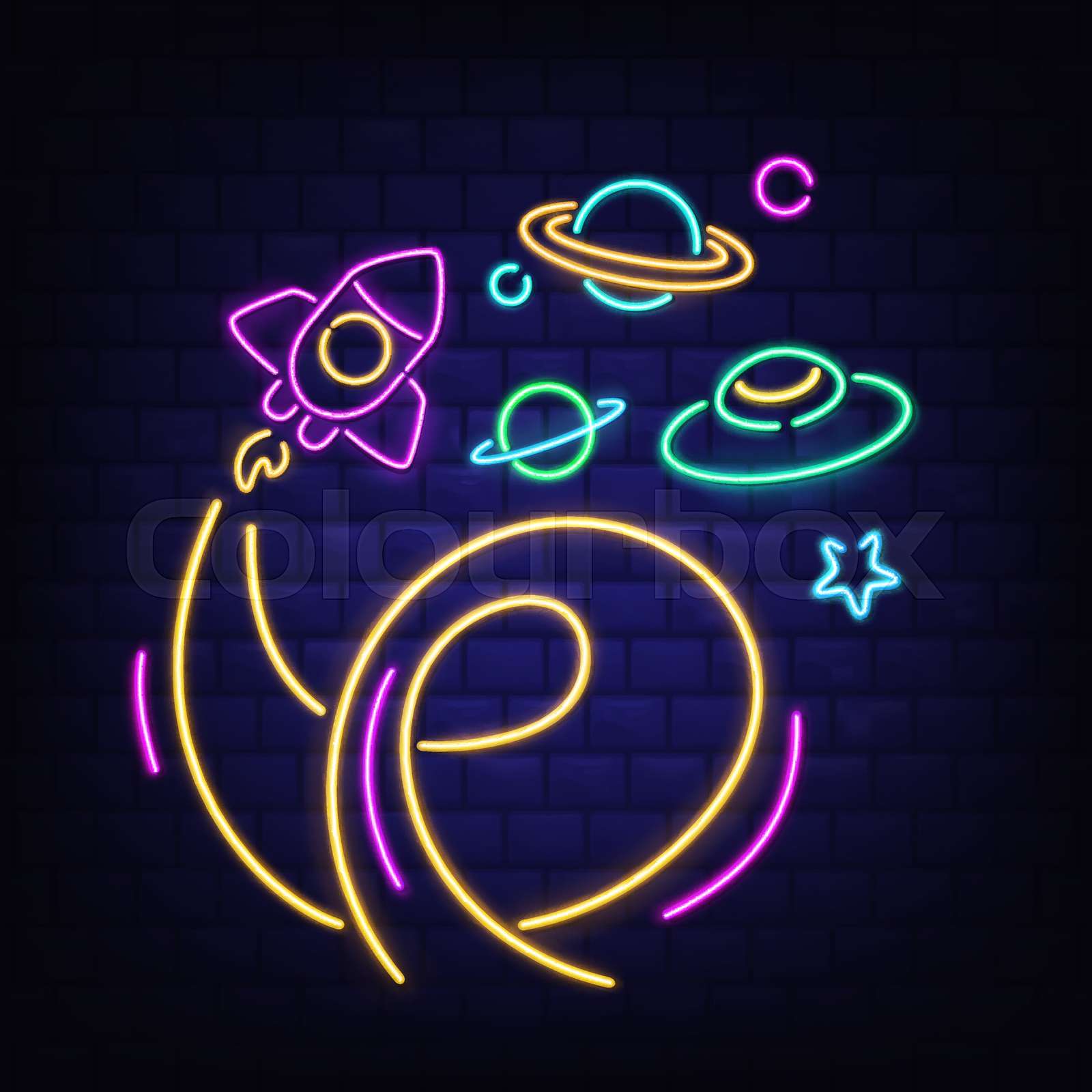 Neon space icons set, rocket, ufo, Saturn and star | Stock vector ...