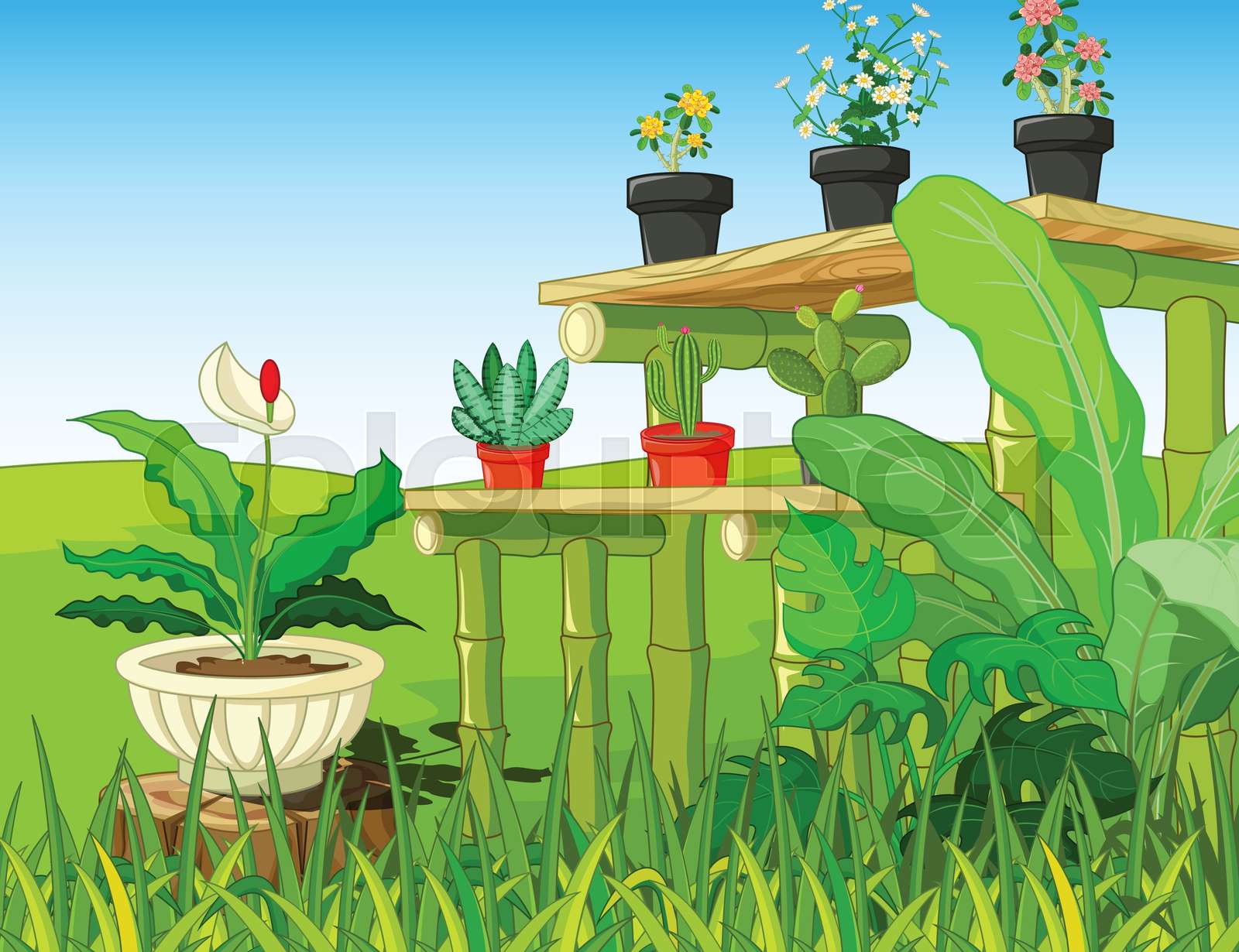 Landscape Grass Field Yard View With Flowers Cartoon | Stock vector ...