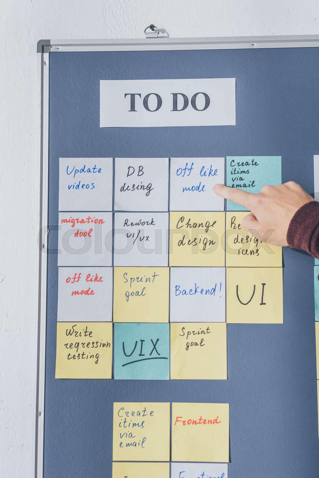 cropped view of scrum master pointing with finger at sticky note with ... cropped view of scrum master pointing with finger at sticky note with ...