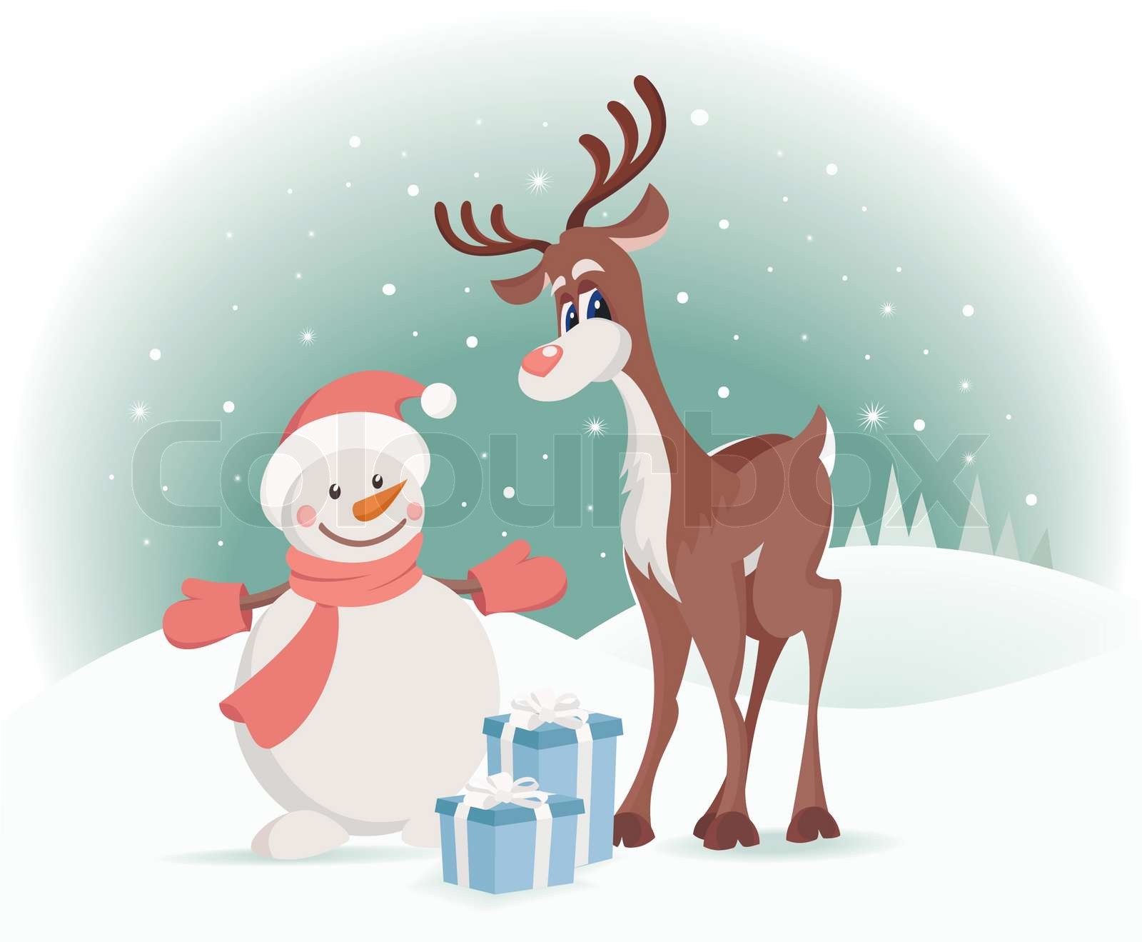 Rudolph Rentier mit Schneemann | Stock-Vektor | Colourbox