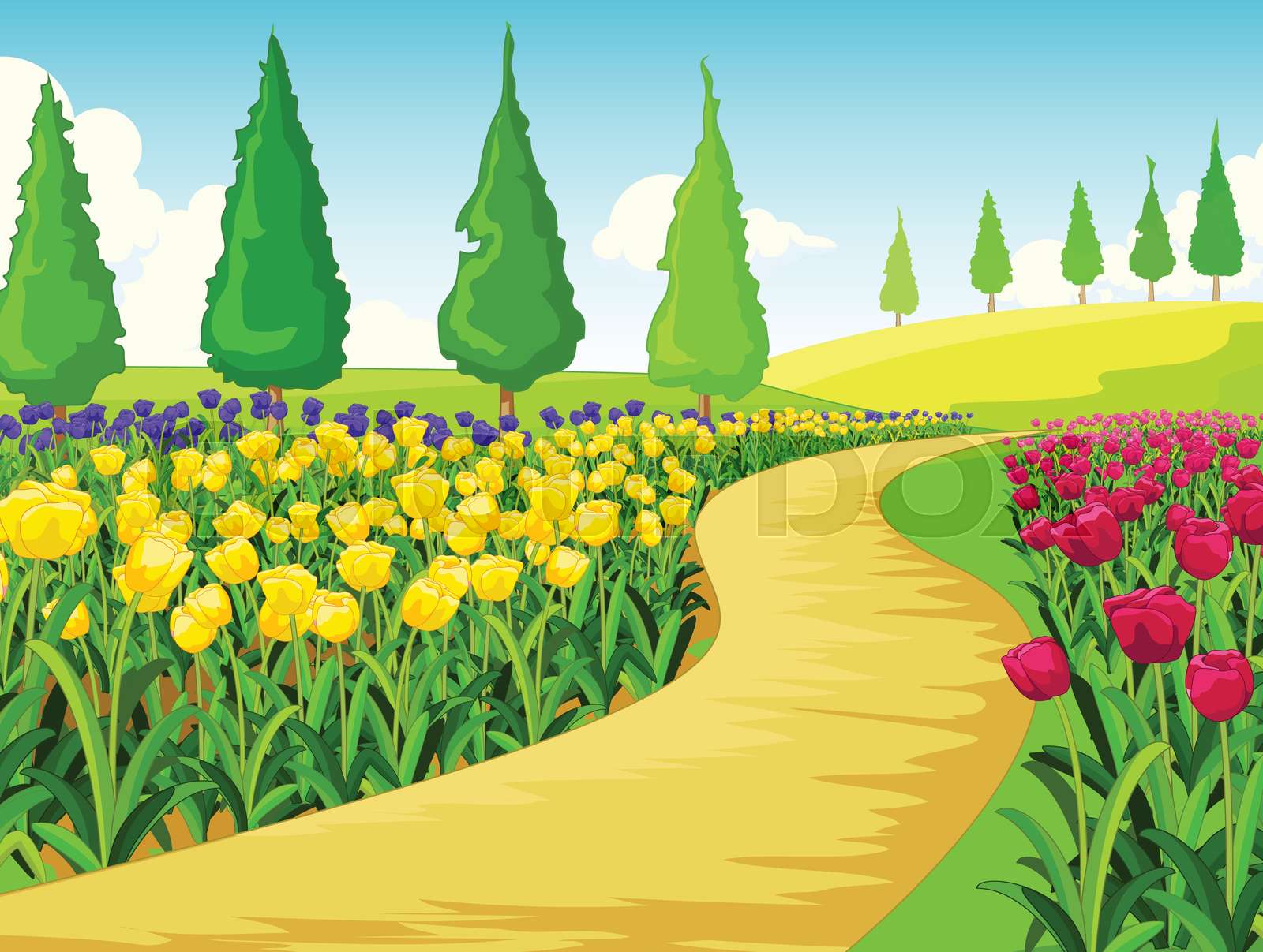 Beautiful Garden Flower With Grass Field Hill Cartoon | Stock vector ...