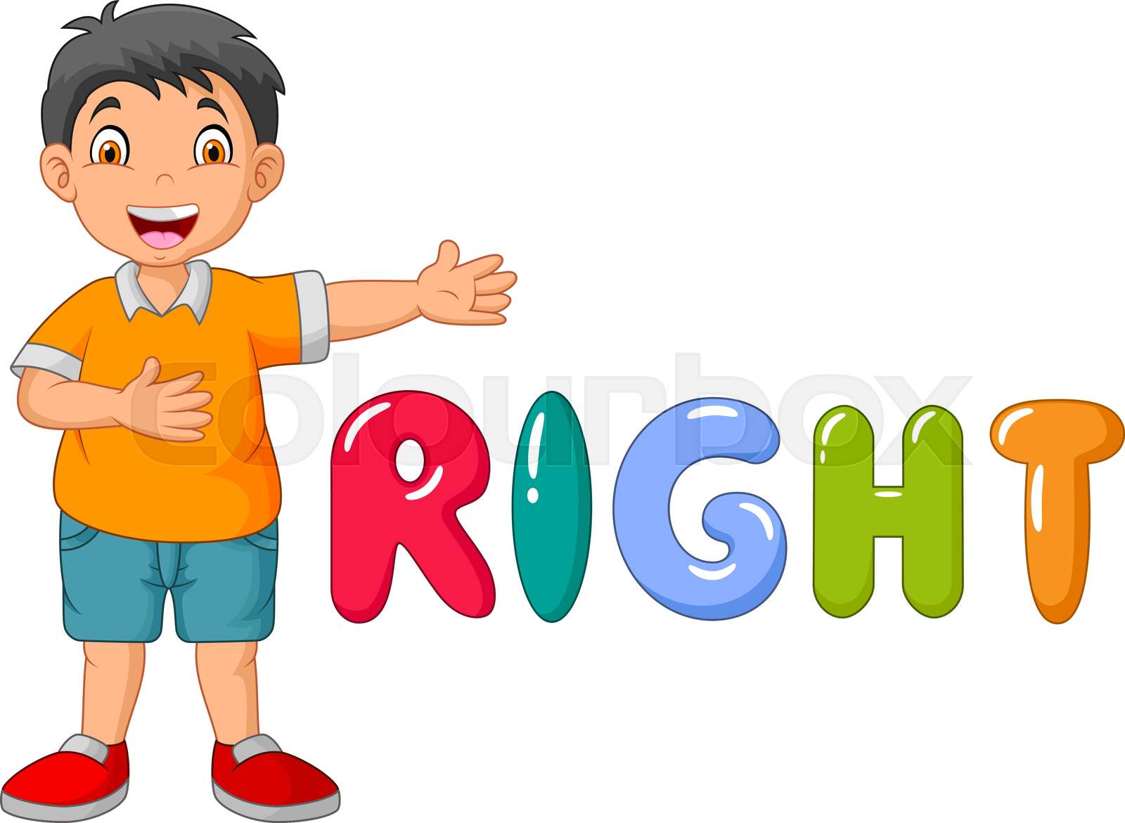 Cartoon little boy pointing to his right with the right word | Stock ...