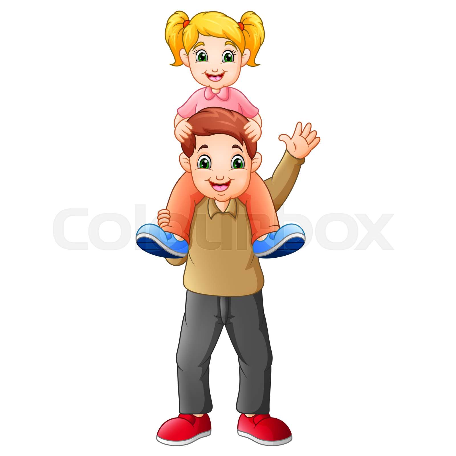 Cute girl sits on the shoulders of his father | Stock vector | Colourbox