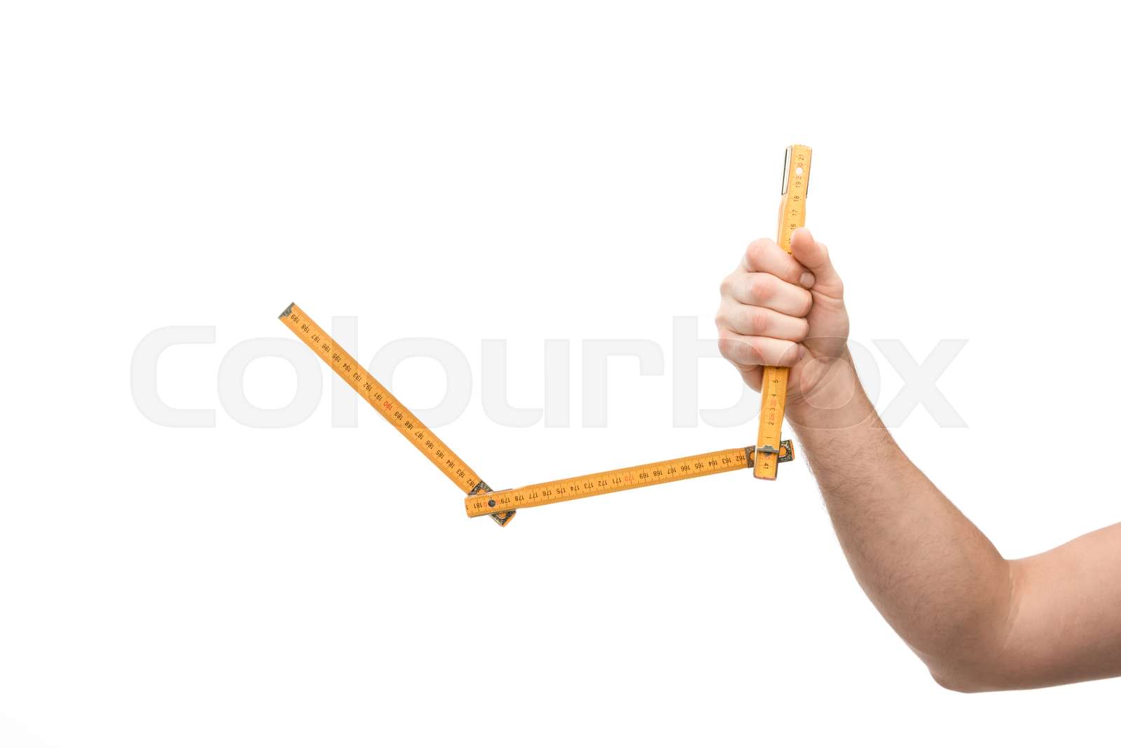 cropped view of man holding measure ruler isolated on white | Stock ...