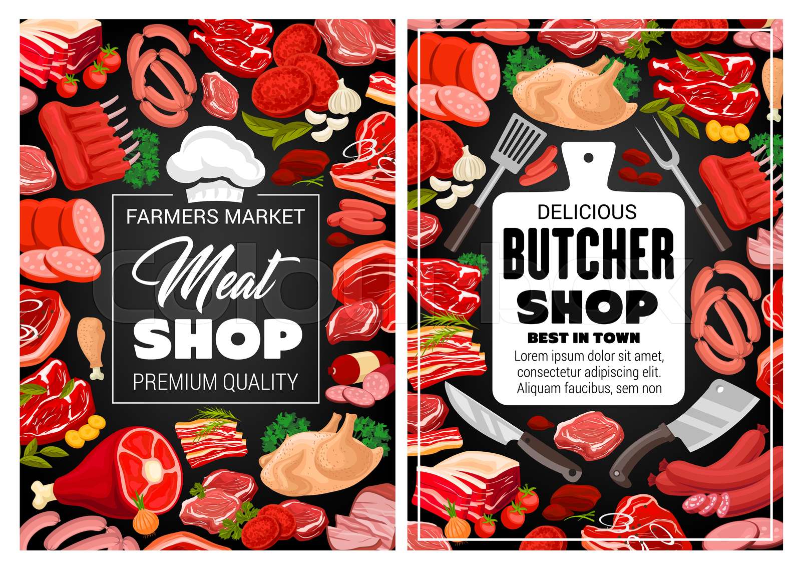 Butcher shop meat and sausages, butchery food | Stock vector | Colourbox
