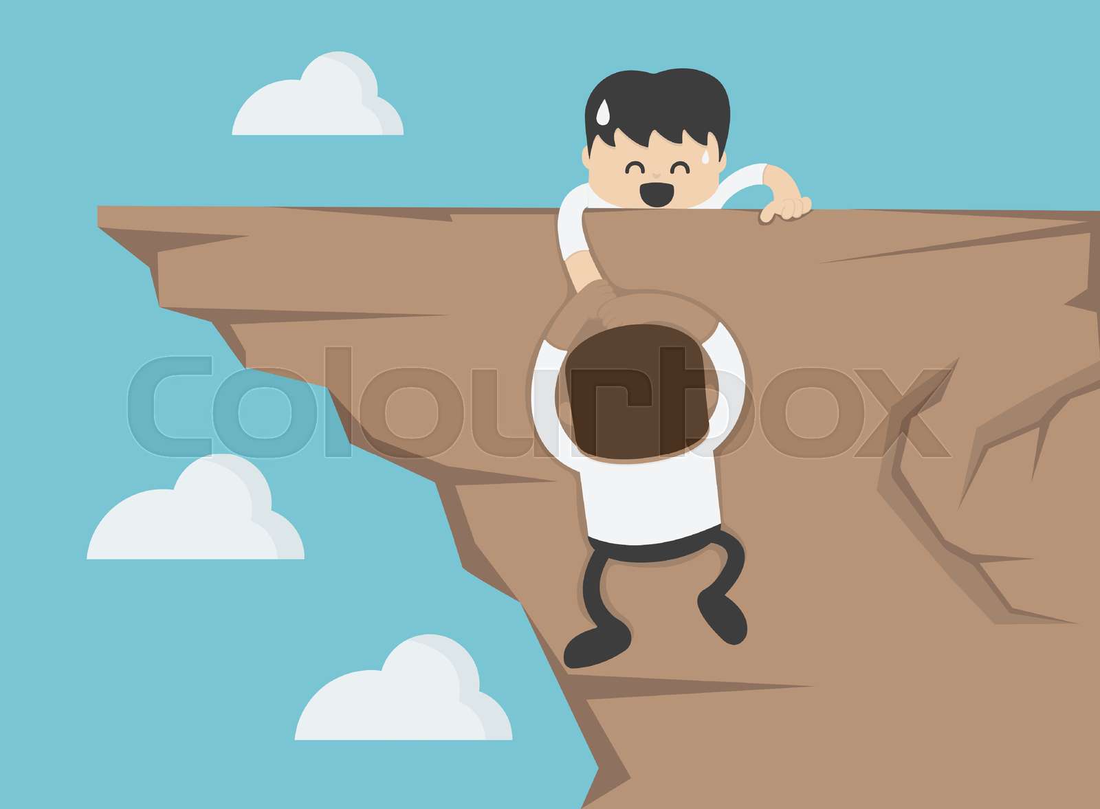 Concept cartoon illustration Business man on top of mountain helping ...