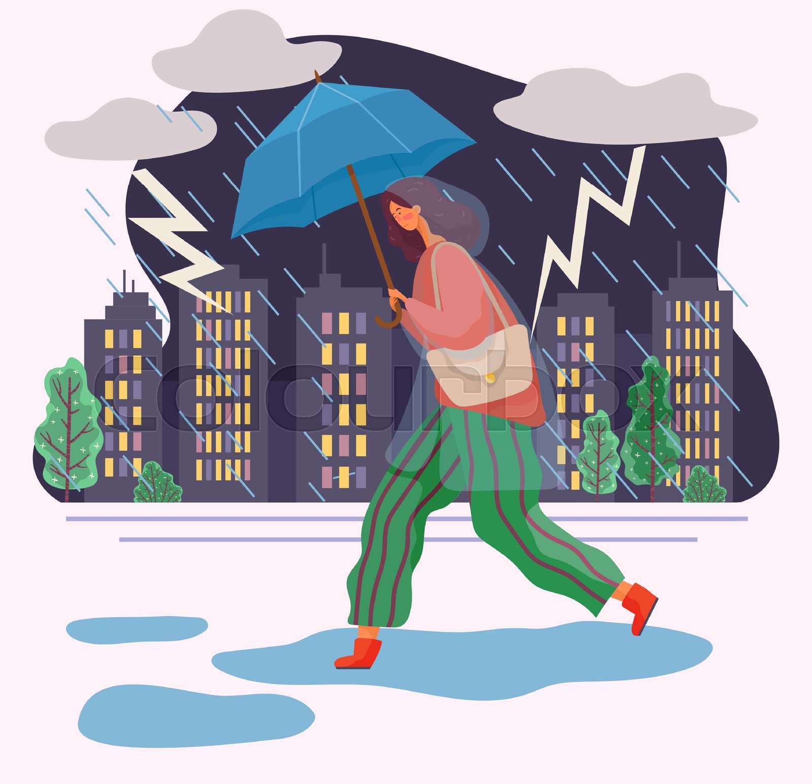 Woman Walk with Umbrella Under Rain, Thunderstorm | Stock vector ...