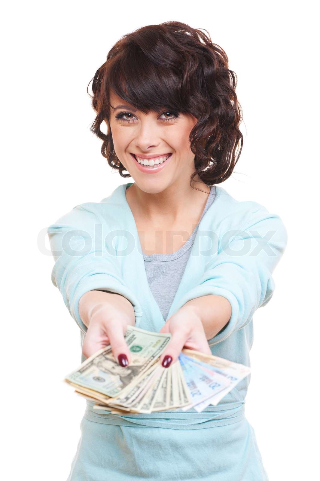 glückliche Frau Geld geben | Stock Bild | Colourbox