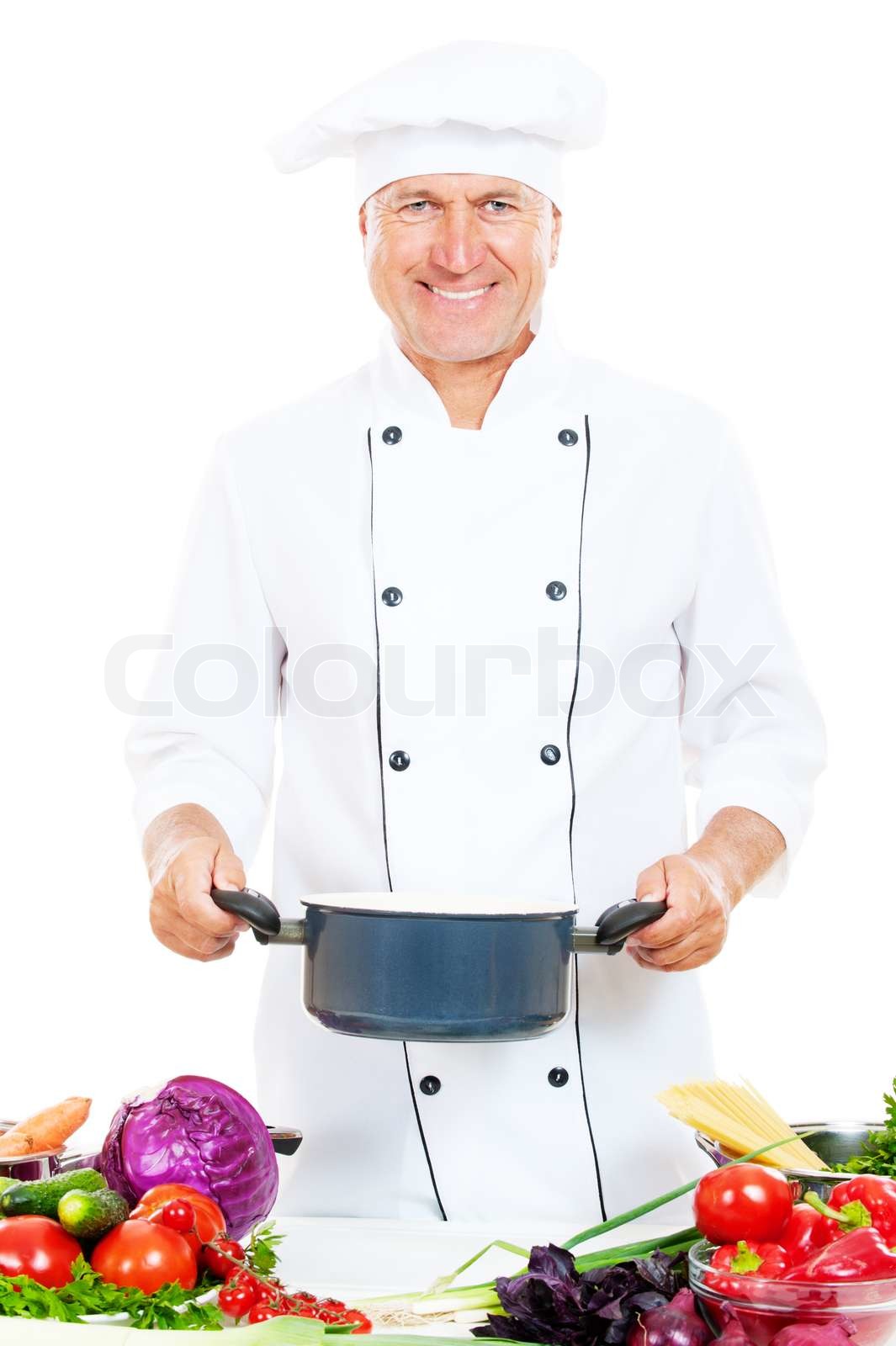 smiley cook holding saucepan | Stock image | Colourbox