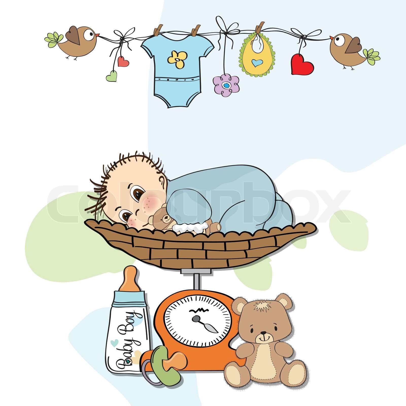 baby boy weighed on the scale | Stock vector | Colourbox