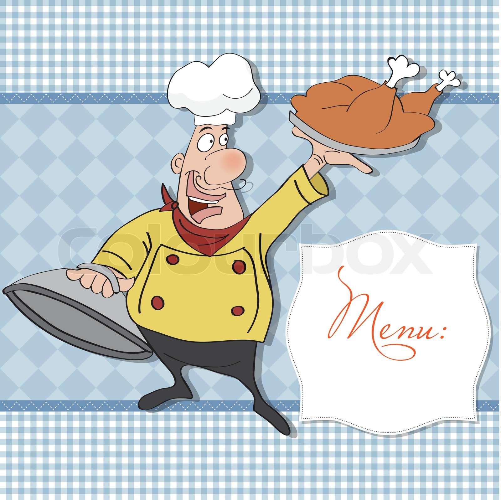 funny cartoon chef with tray of food in hand | Stock vector | Colourbox