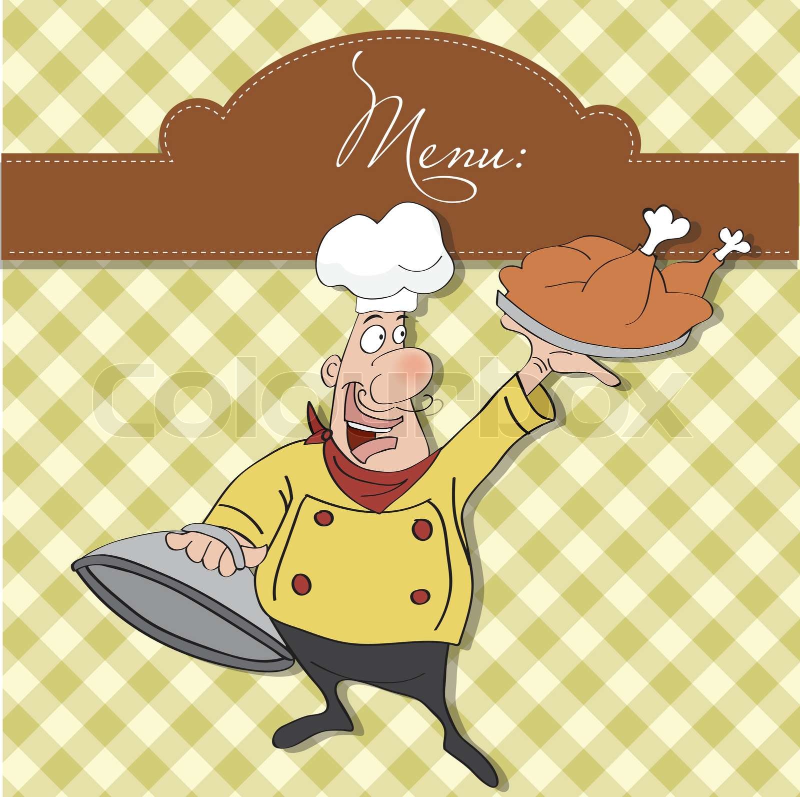funny cartoon chef with tray of food in hand | Stock vector | Colourbox
