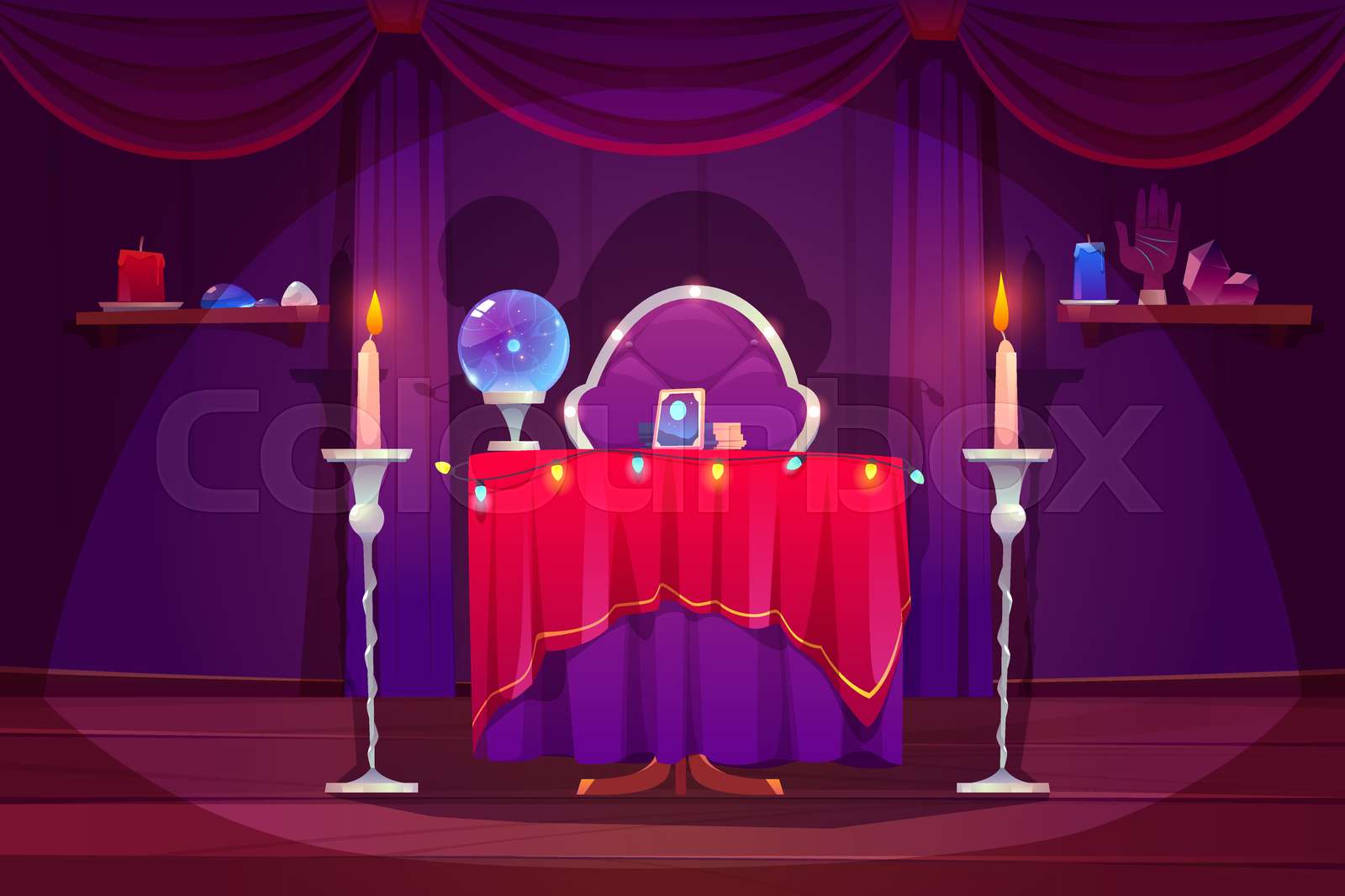 Fortune teller room with magic ball, tarot cards | Stock vector | Colourbox