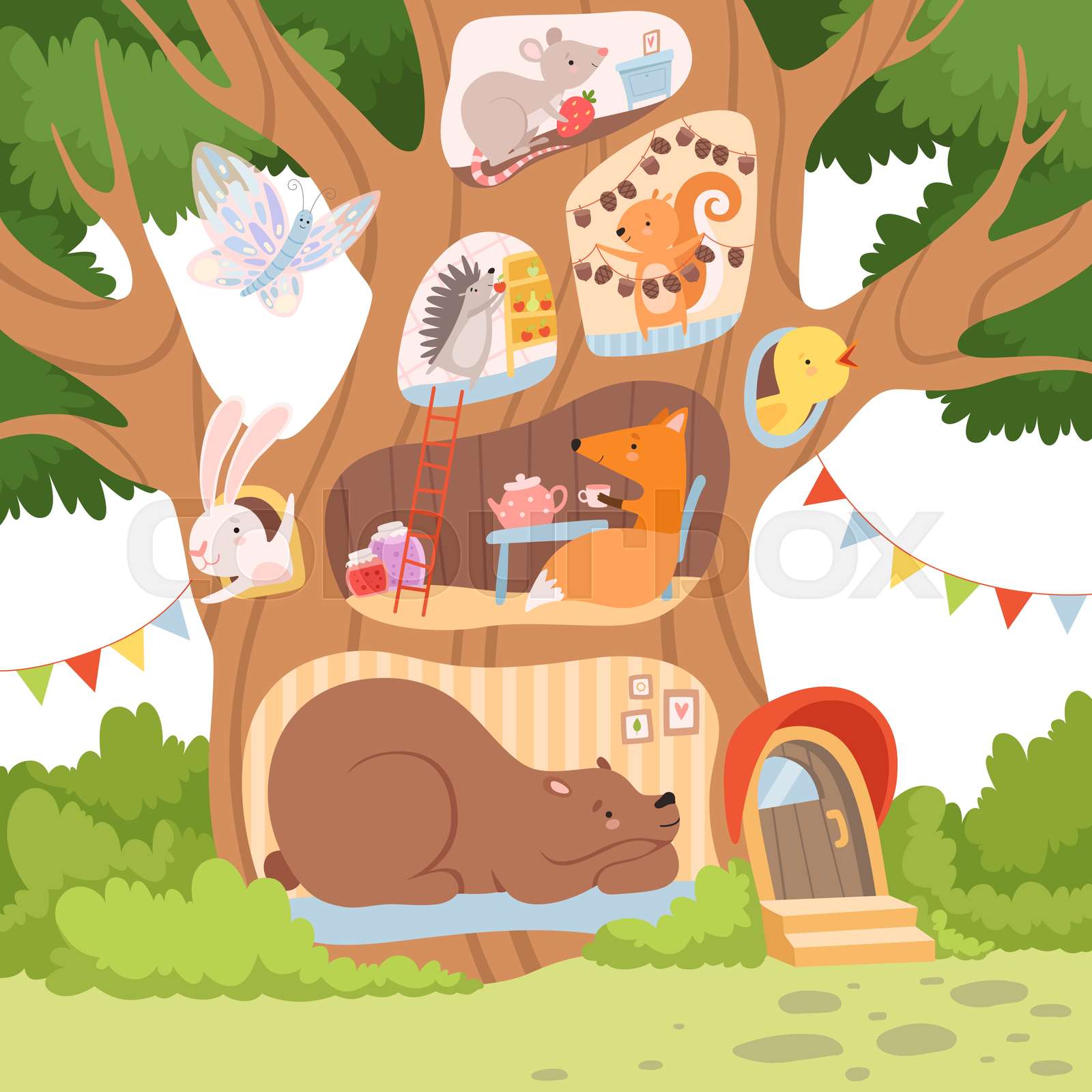 Funny Animals Inside the Tree Hollow Arranging Their Cozy Homes Vector ...