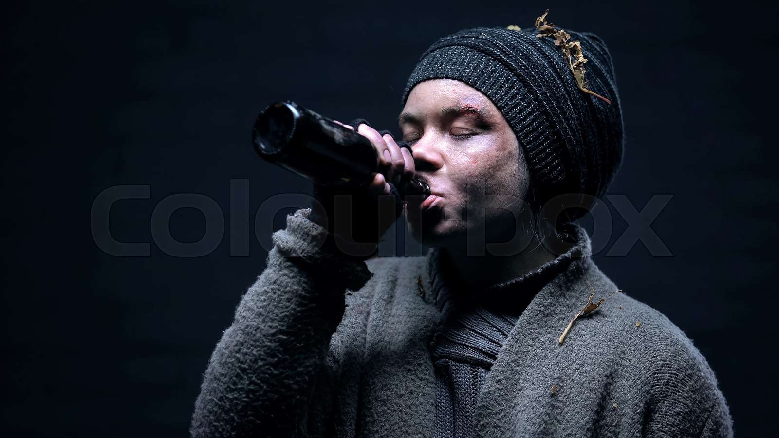 Homeless woman drinking beer from bottle, alcohol addiction, living on ...