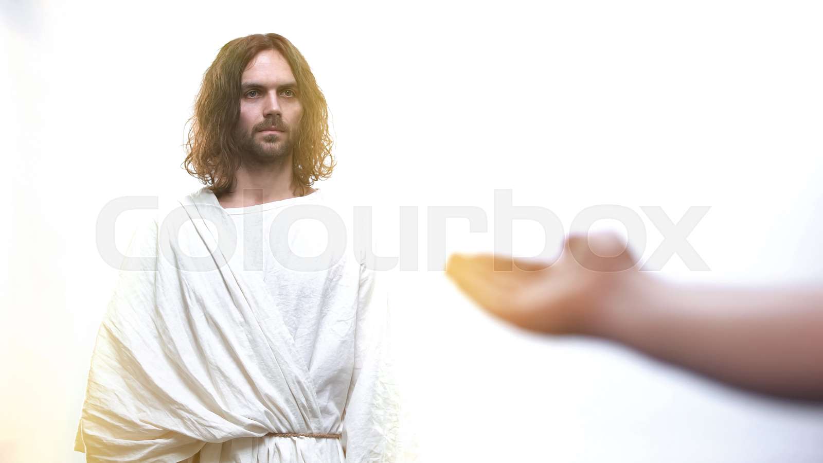 Male asking God for blessing and forgiveness, Jesus standing in holy ...