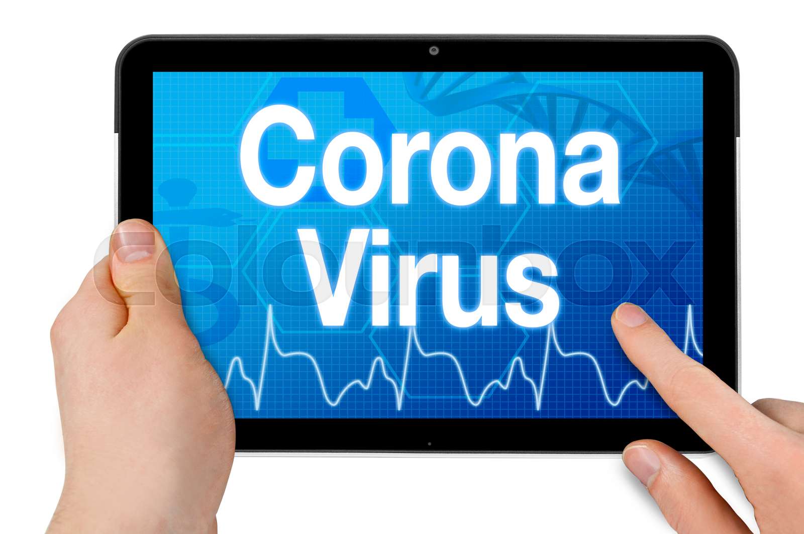 Tablet with medical touchscreen and corona virus isolated on white ...